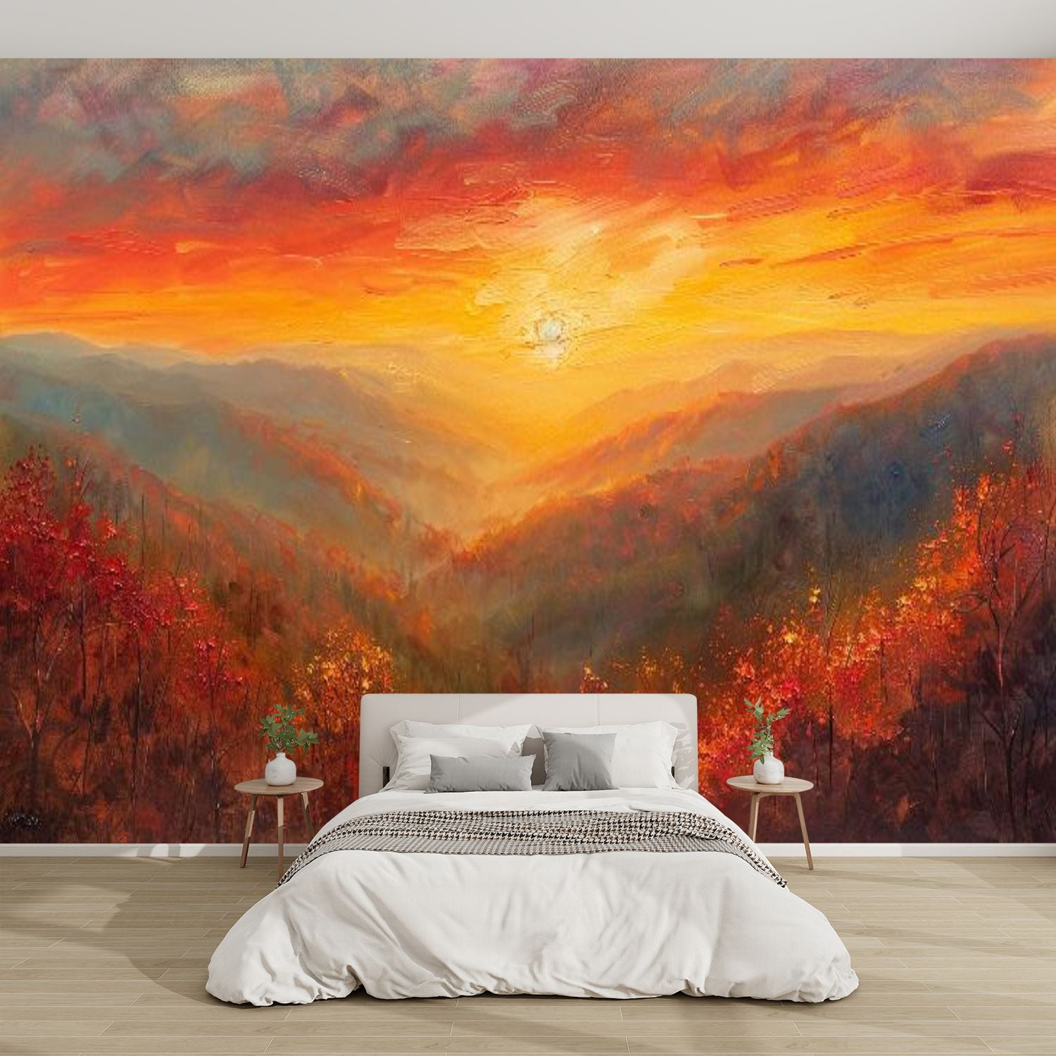 Modern Wallpaper Murals 3D Misty Valley Sunset Textured Autumn Artwork ...