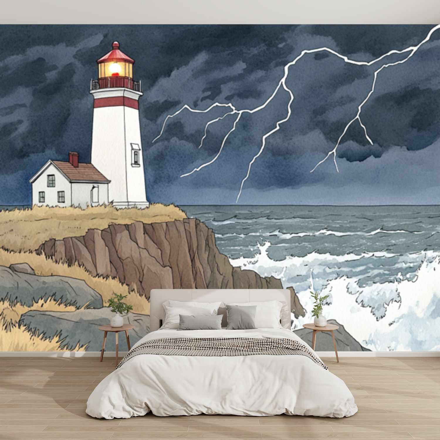 Modern Wallpaper Murals 3D Moody Cliffside Lighthouse Watercolor Art ...