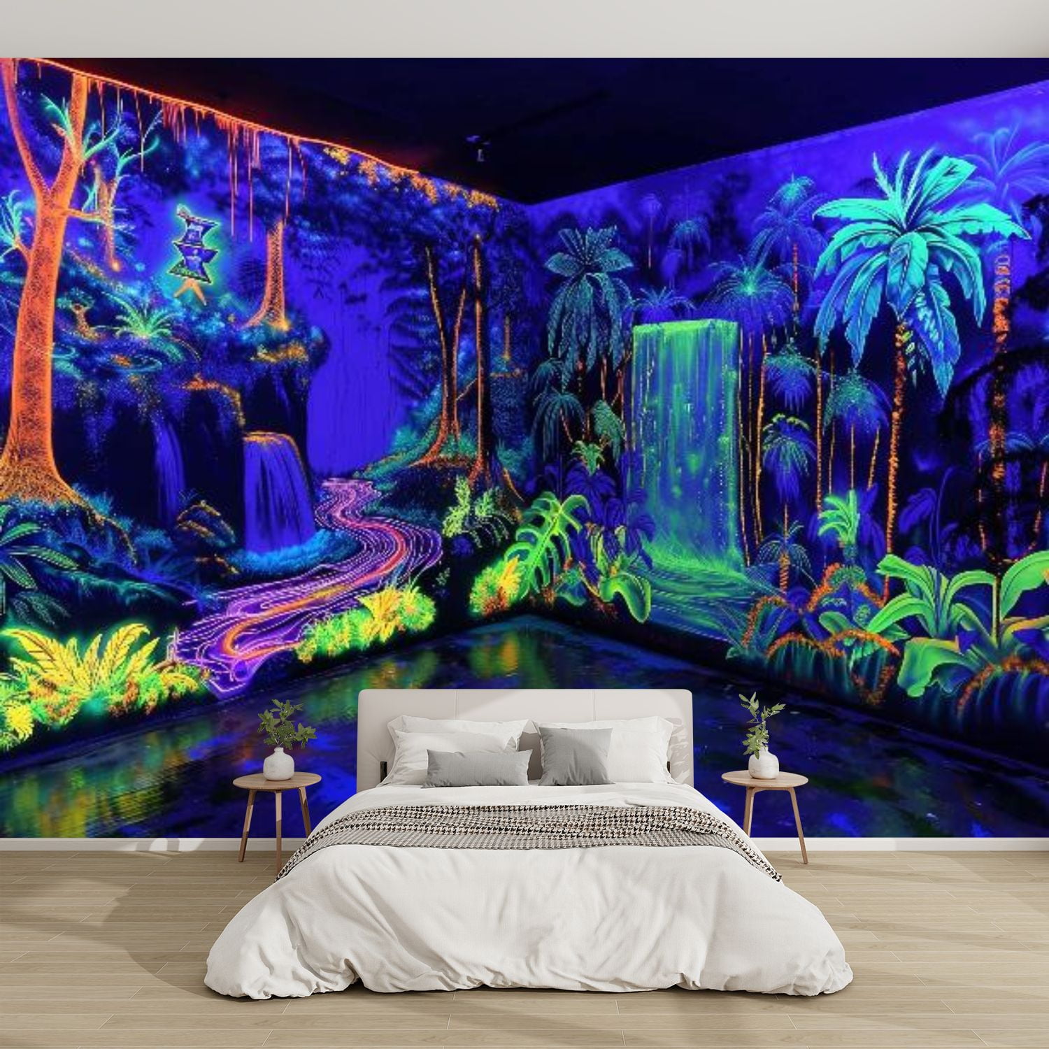 Modern Wallpaper Murals 3D Mystic Neon Jungle Waterfall Mural for ...