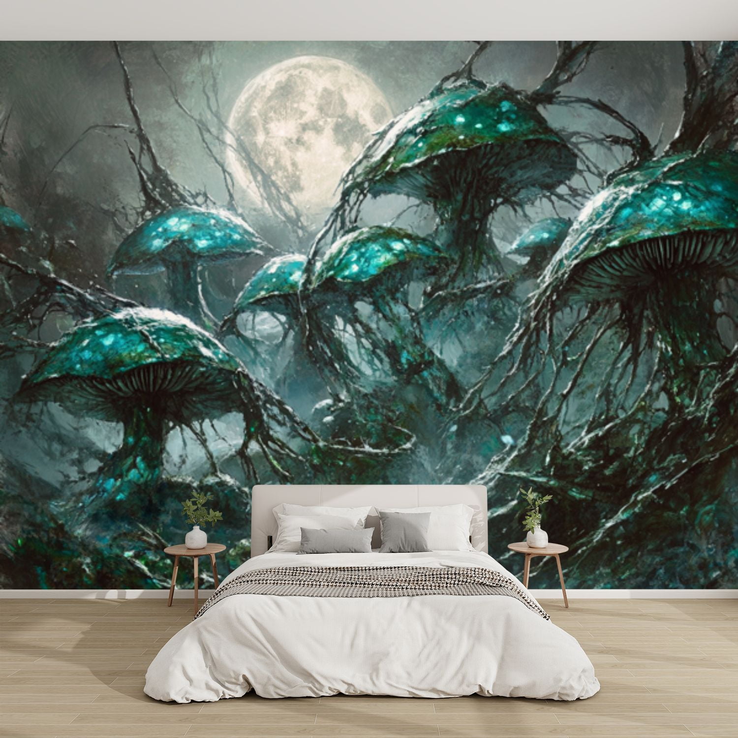 Modern Wallpaper Murals 3D Mystical Forest Full Moon Glowing Mushrooms ...