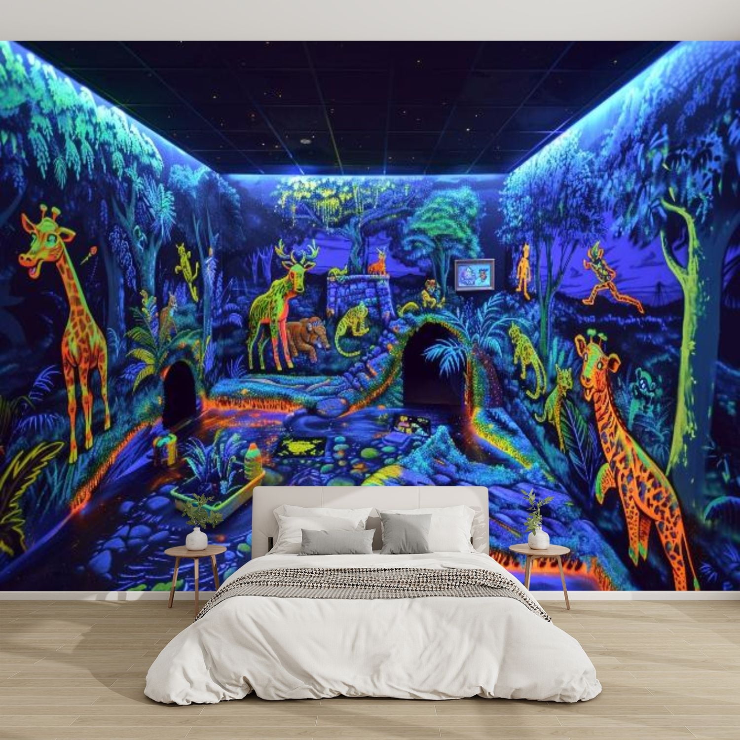 Modern Wallpaper Murals 3D Neon Bright Jungle Hideout Wall Mural Peel ...