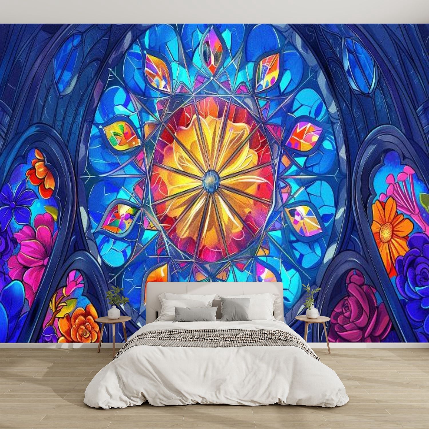 Modern Wallpaper Murals 3D Neon Flower Stained Glass Window Cobalt Blue ...