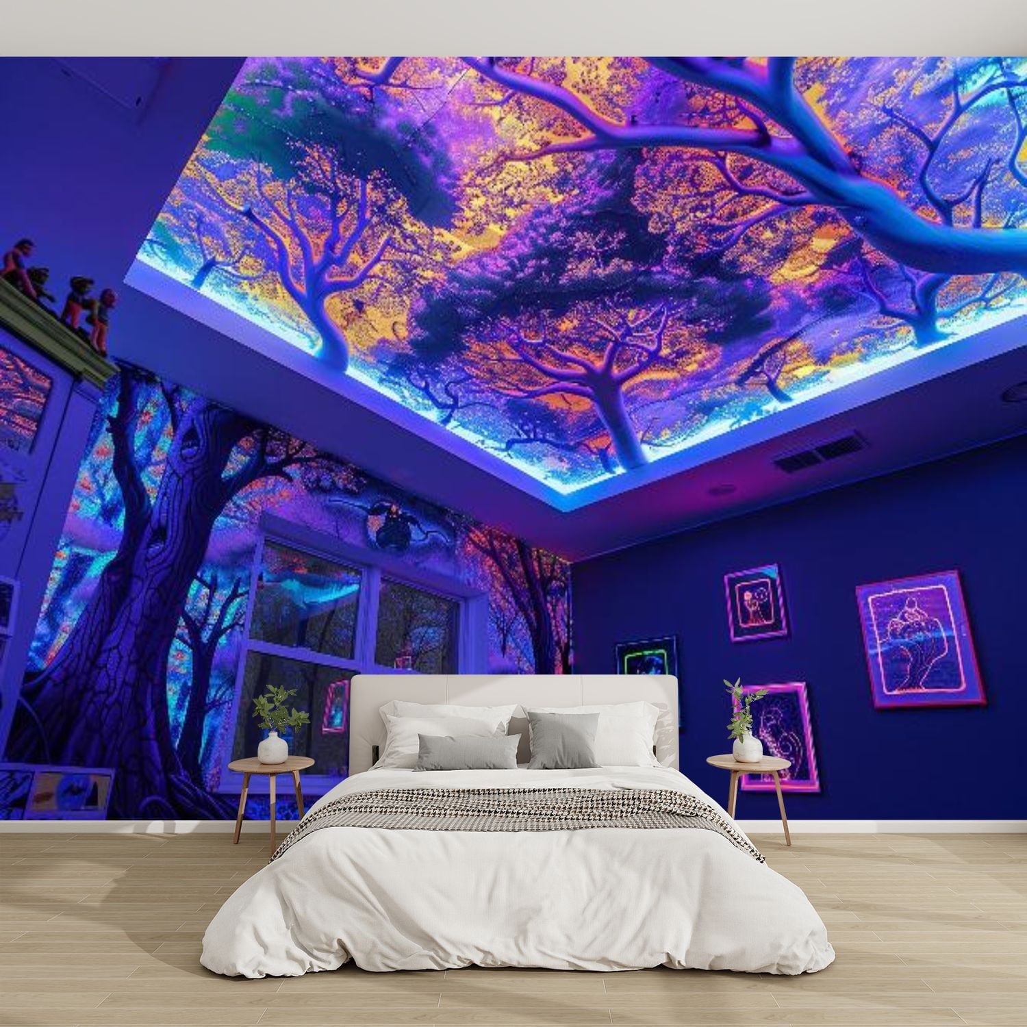 Modern Wallpaper Murals 3D Neon Jungle Canopy Ceiling Mural UV Colors Peel and Stick Removable ...