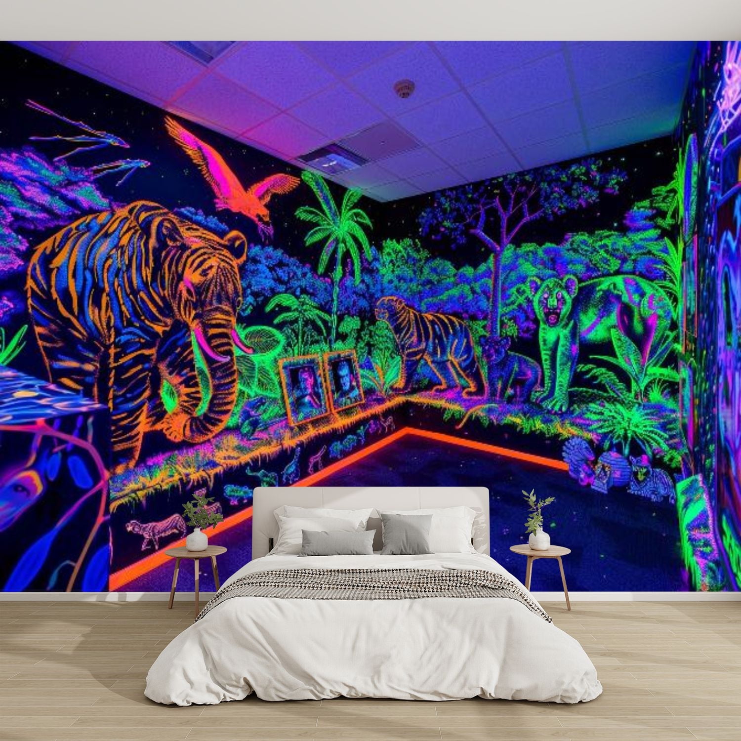 Modern Wallpaper Murals 3D Neon Jungle Hide Mural Trompe L oeil Peel ...