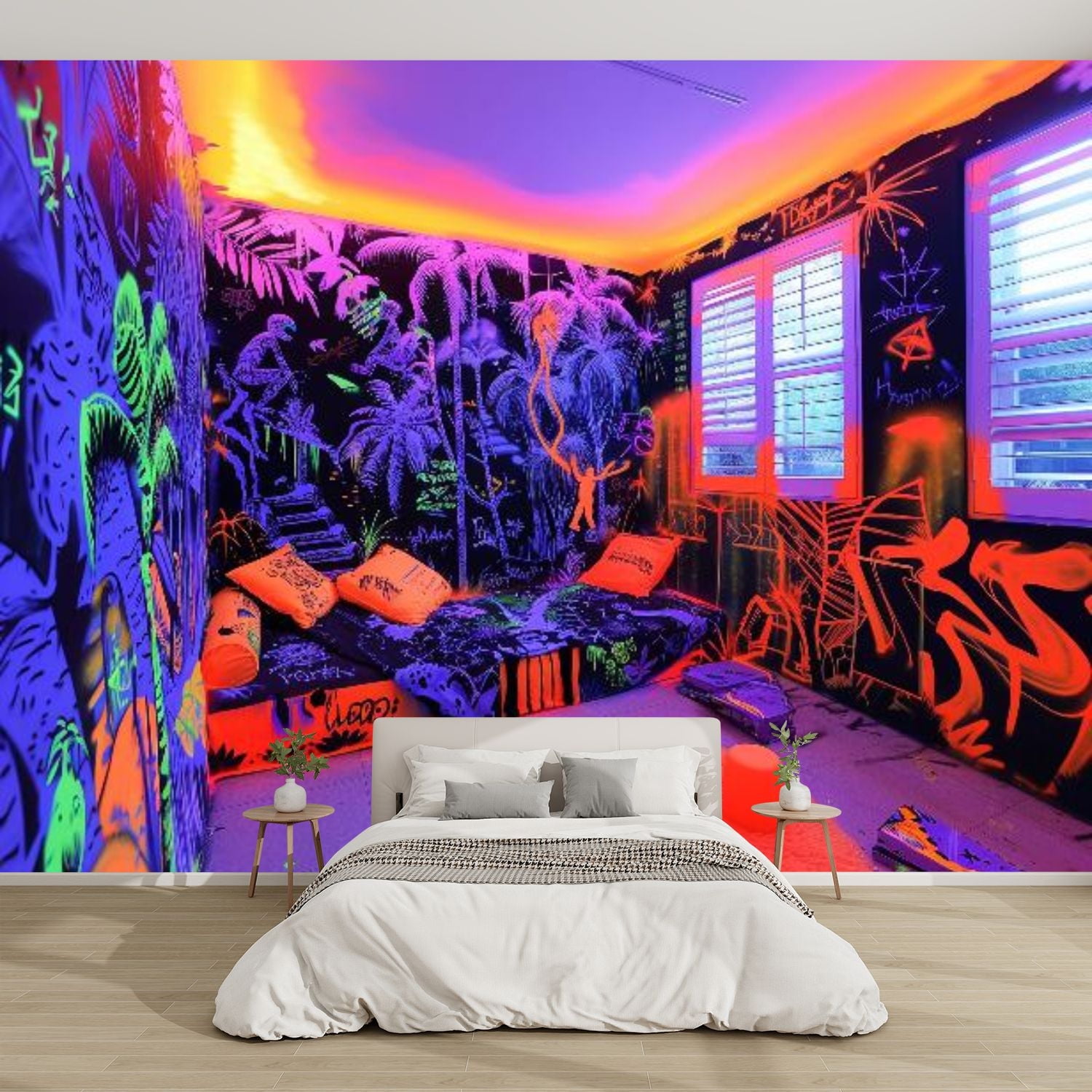 Modern Wallpaper Murals 3D Neon Jungle Mural Blacklight Art Peel and ...