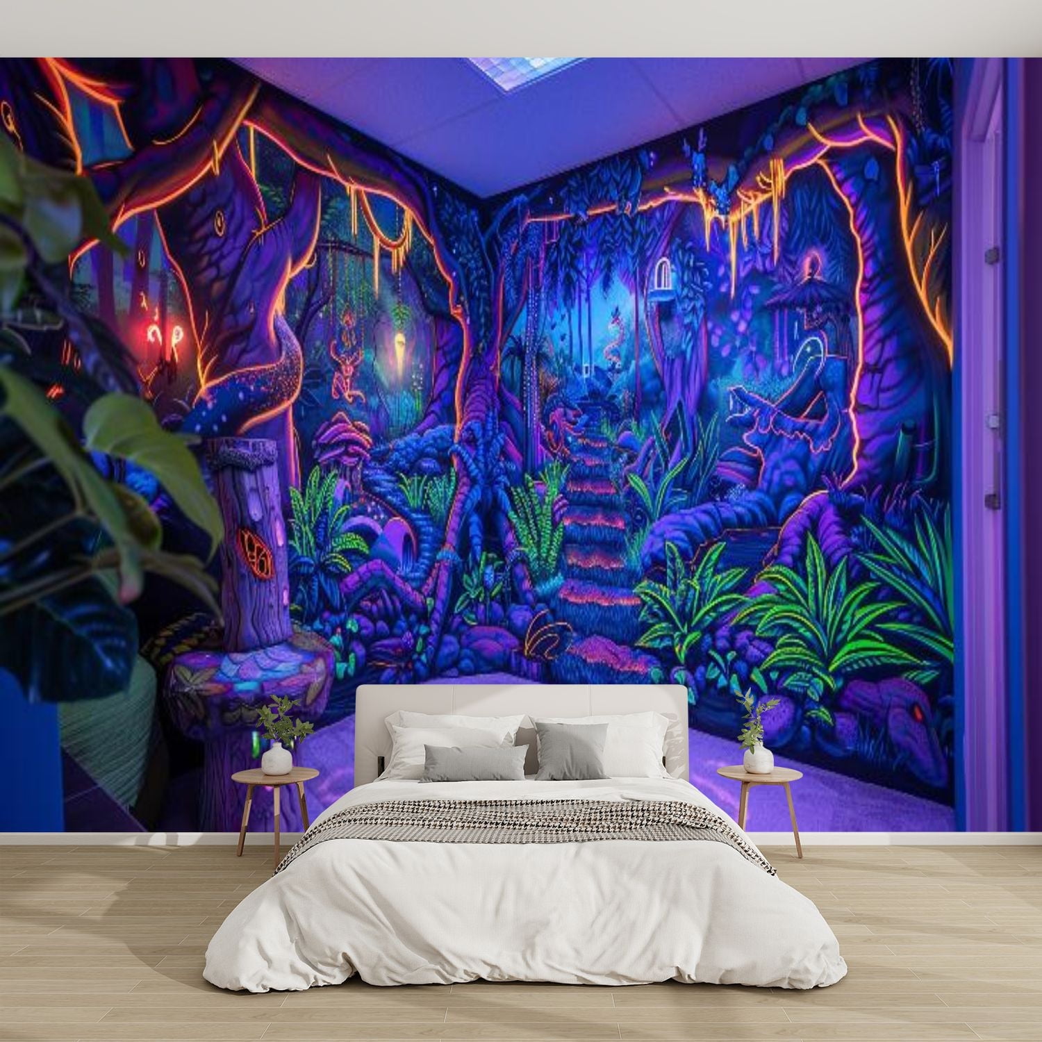Modern Wallpaper Murals 3D Neon Jungle Mural Blacklight Magic Peel and ...