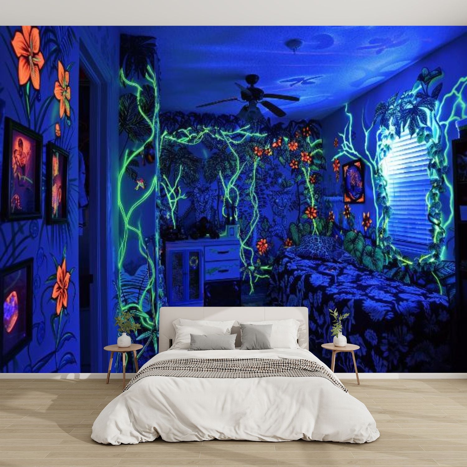 Modern Wallpaper Murals 3D Neon Jungle Mural Blacklight Reveals Hidden ...