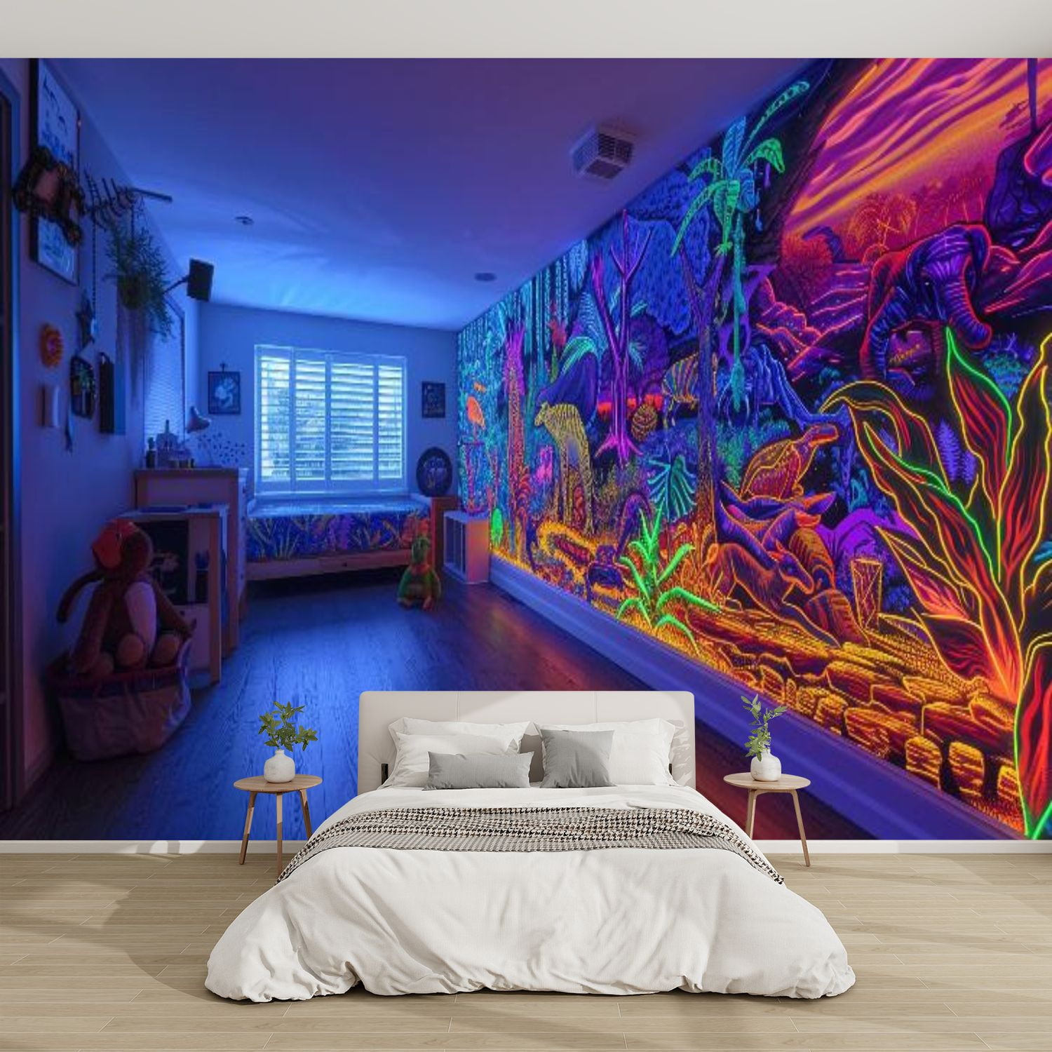 Modern Wallpaper Murals 3D Neon Jungle Wall Mural Blacklight Revealed ...