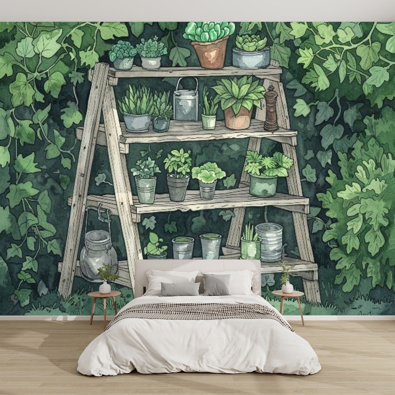 Modern Wallpaper Murals 3D Old Fashioned Ladder Shelf Emerald Flowers ...