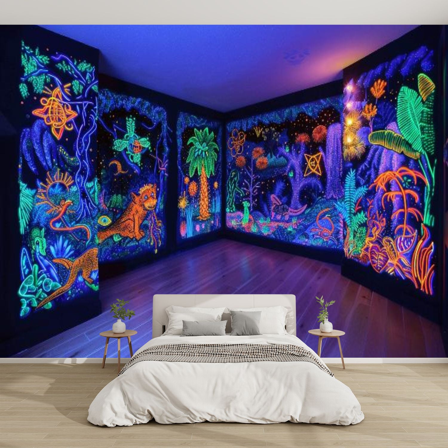 Modern Wallpaper Murals 3D Pulsating Neon Jungle Scene Wall Secret Peel ...
