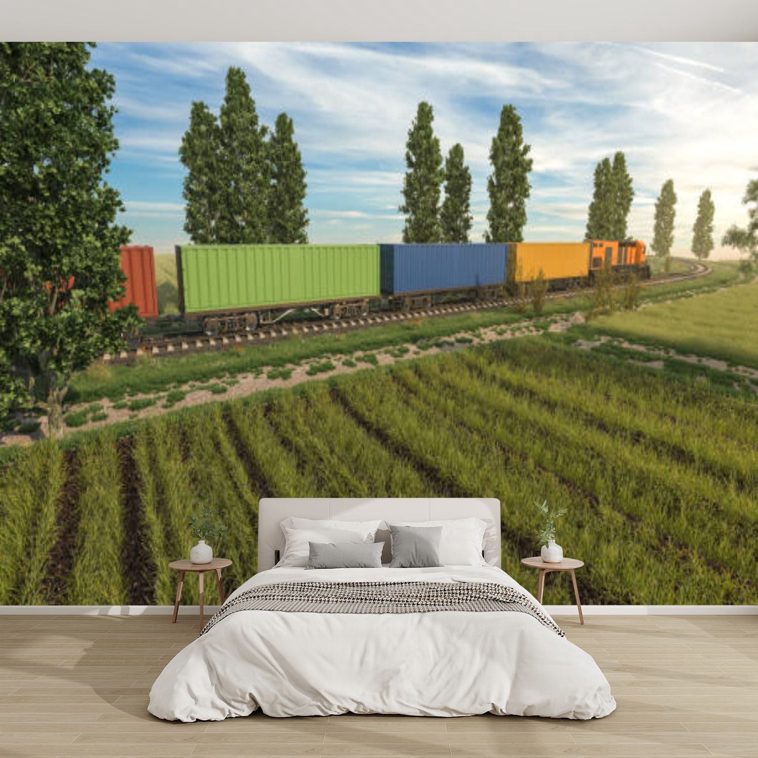 Modern Wallpaper Murals 3D Rail Freight Transport Fields Peel and Stick ...