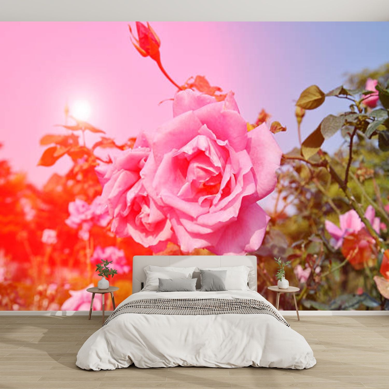 Modern Wallpaper Murals 3D Rose flower garden sunshine Peel and Stick ...