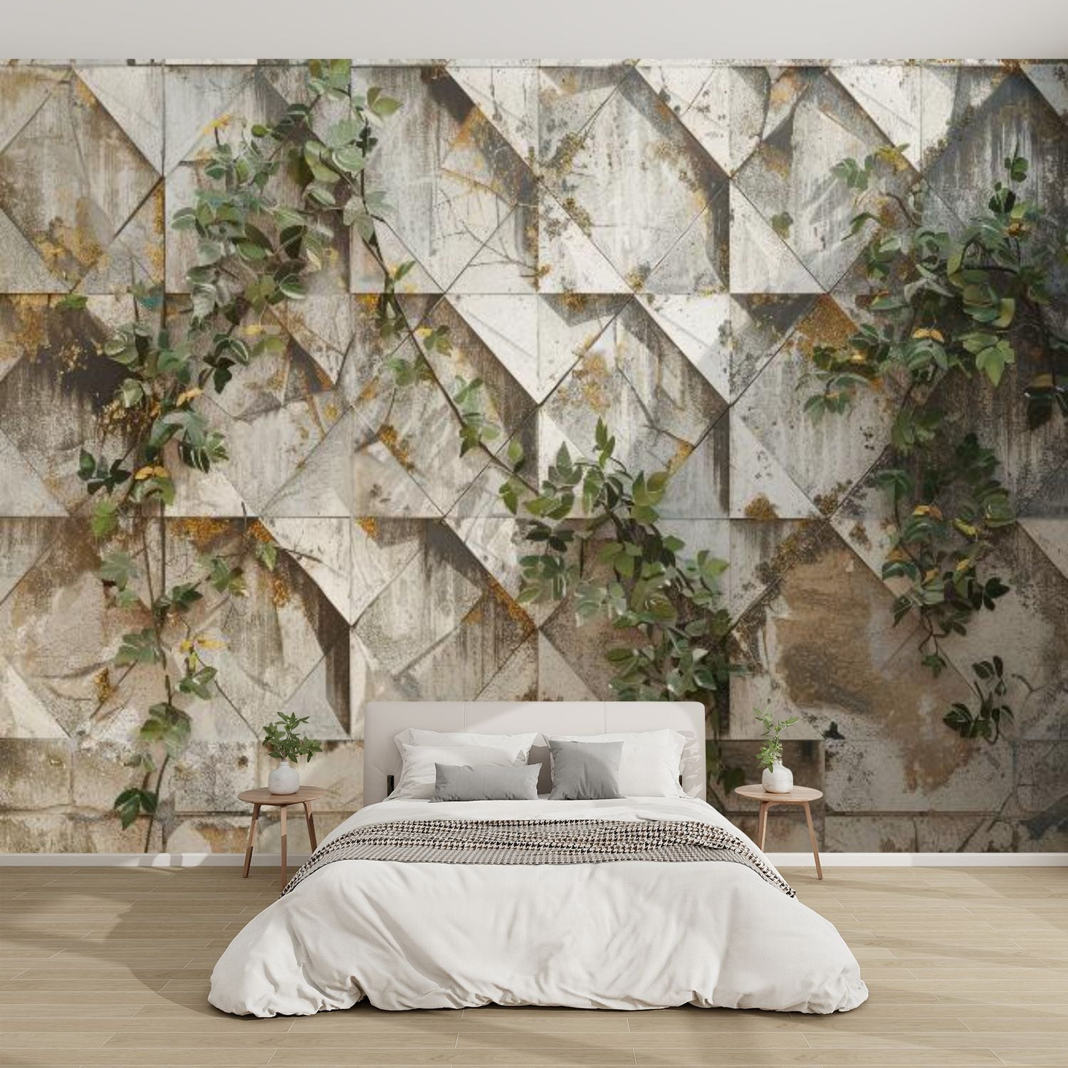 Modern Wallpaper Murals 3D Rustic Tiles Overgrown Flora Canvas Art Peel ...