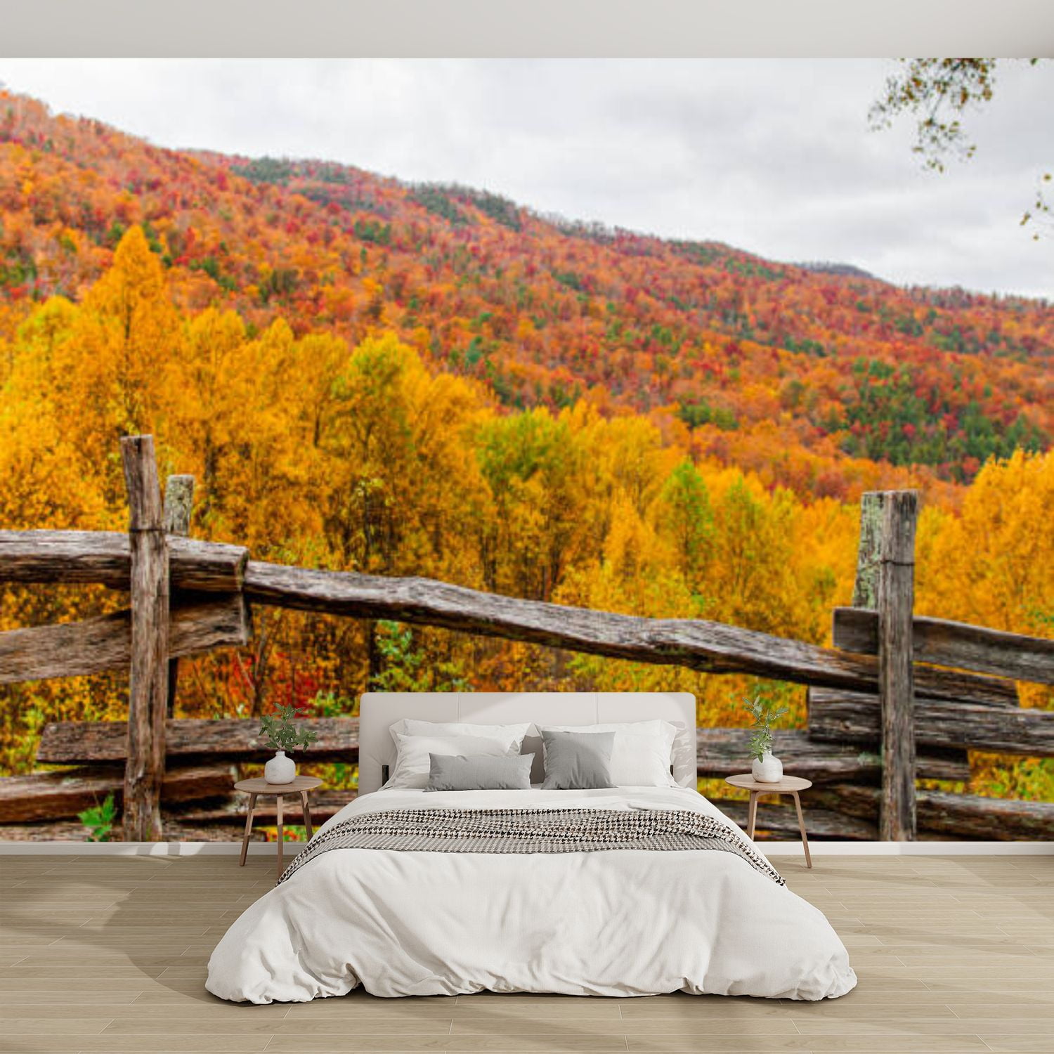Modern Wallpaper Murals 3D Rustic Wooden Fence With Colorful Autumn ...