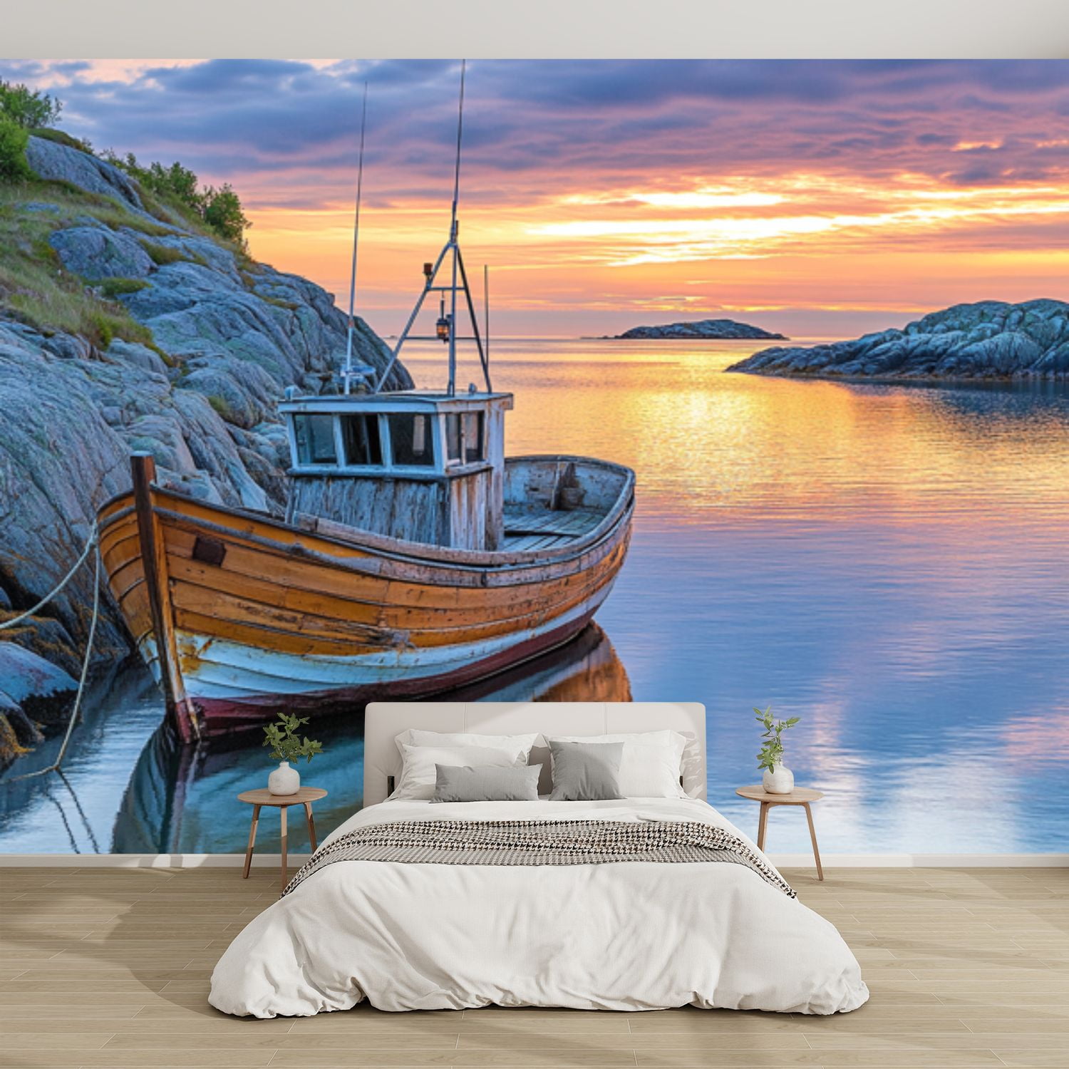 Modern Wallpaper Murals 3D Rustic Wooden Fishing Boat Anchored Dawn ...