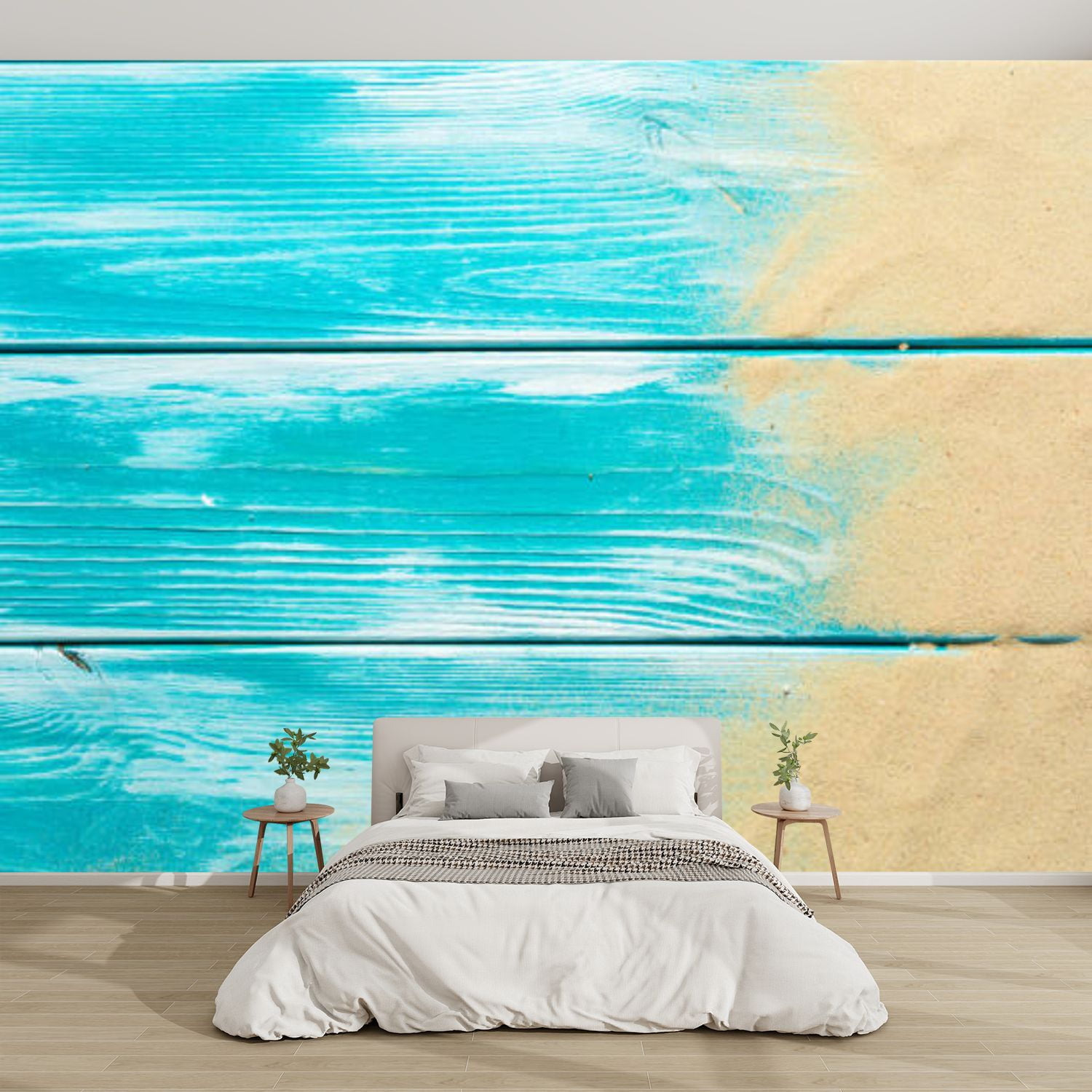 Modern Wallpaper Murals 3D Sea sand blue wooden floor Top view space ...