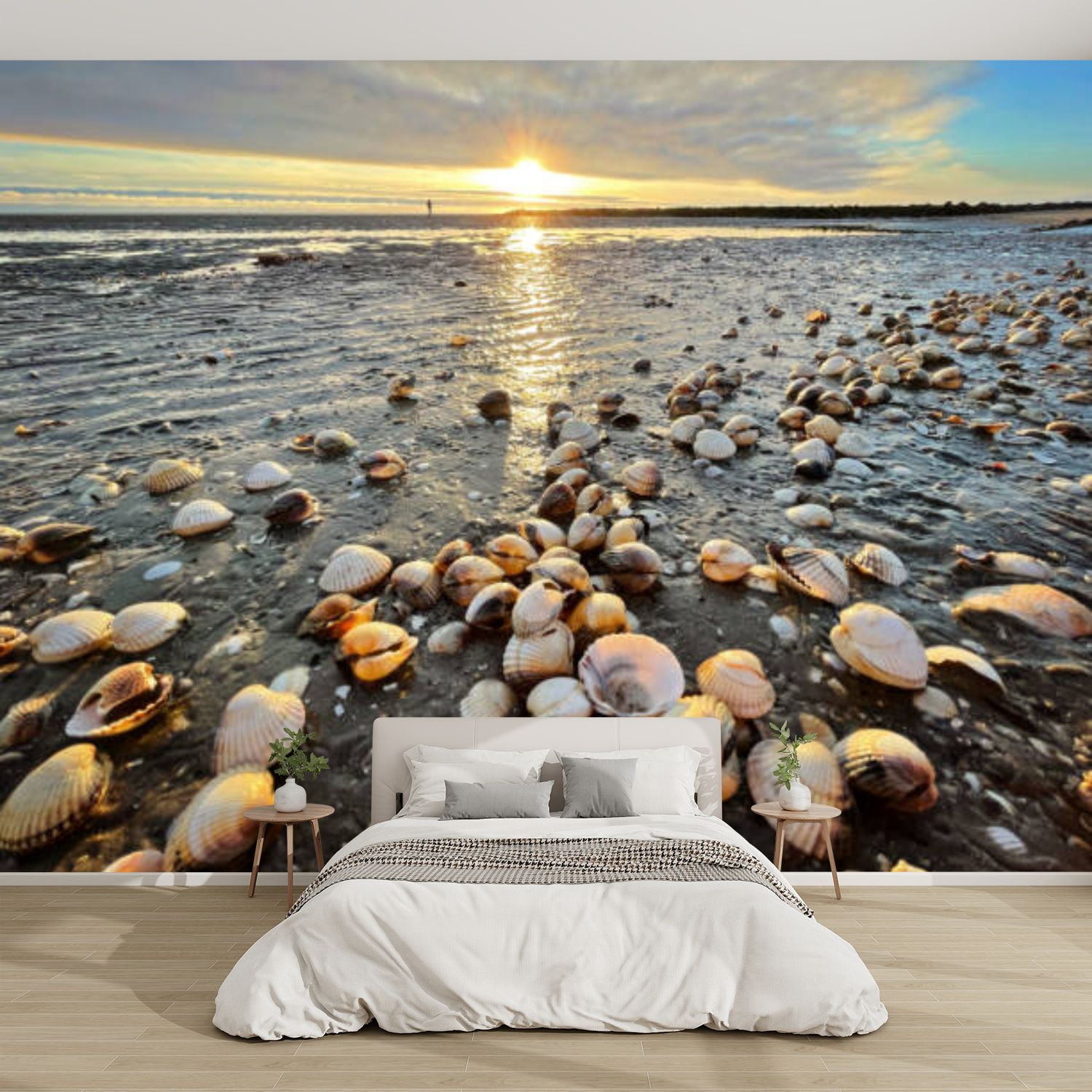Modern Wallpaper Murals 3D Sea shells sand sea waves sand beach Sunset ...