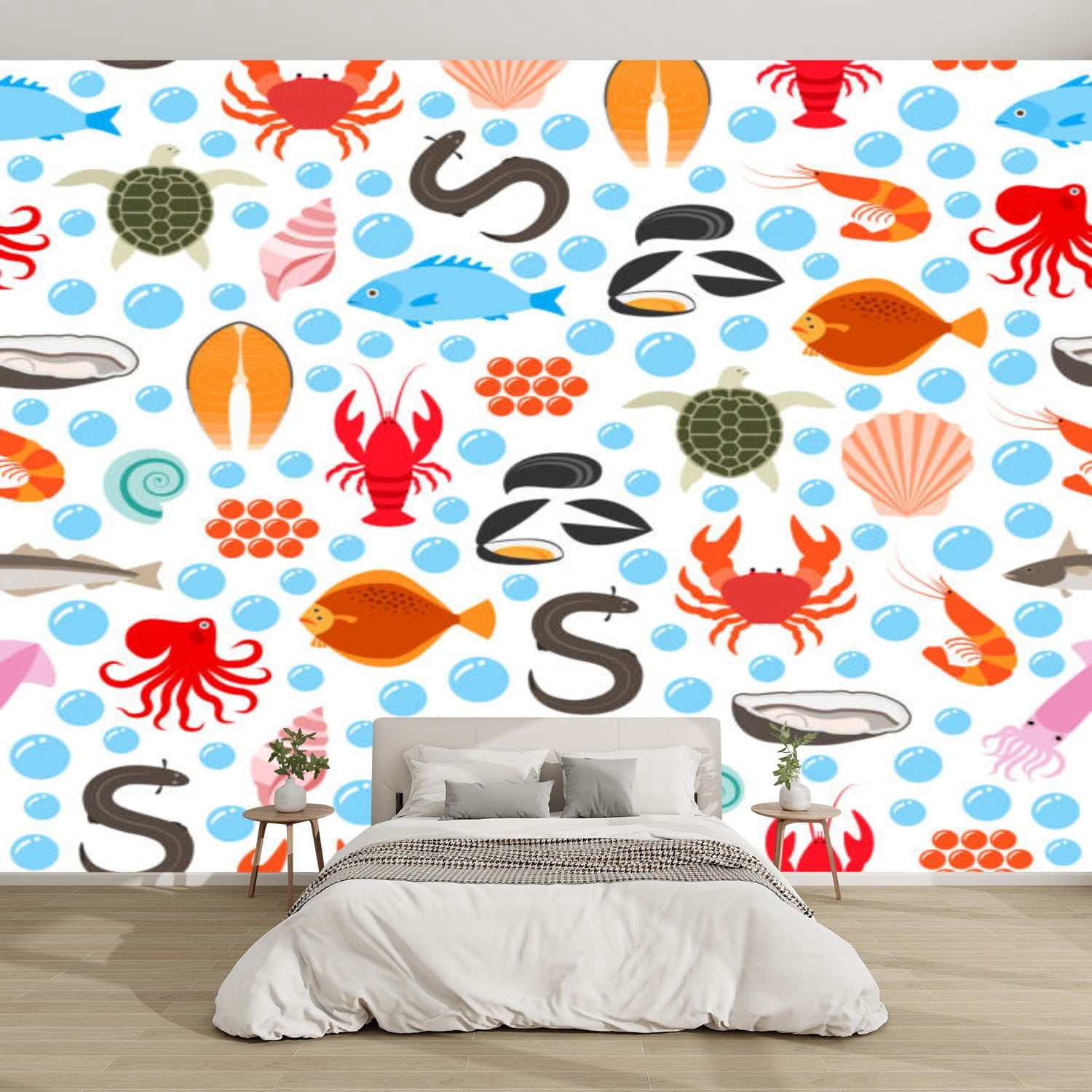 Modern Wallpaper Murals 3D Seafood fish icons seamless pattern Peel and ...