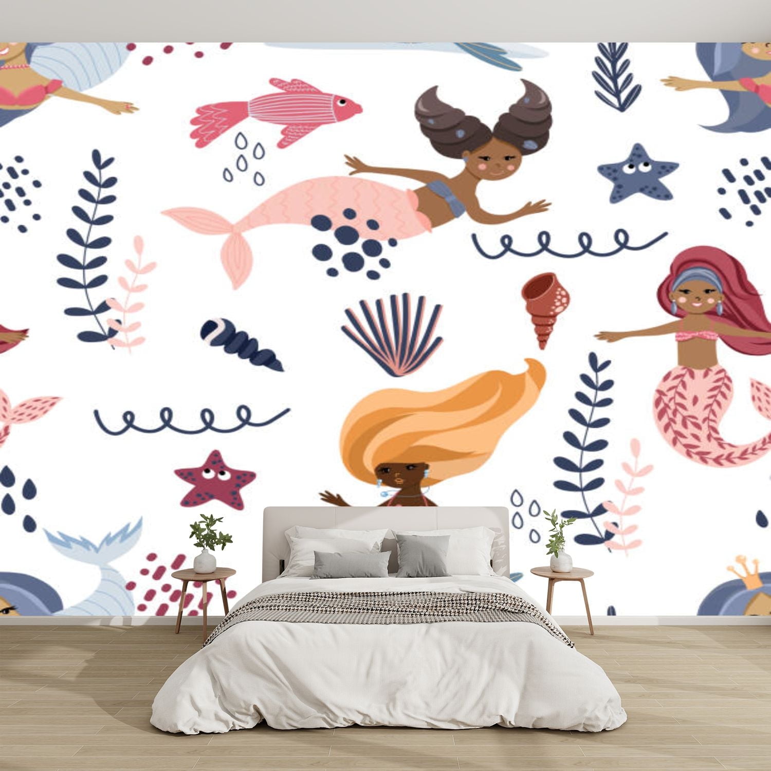 Modern Wallpaper Murals 3D Seamless pattern cute mermaids sea creatures ...