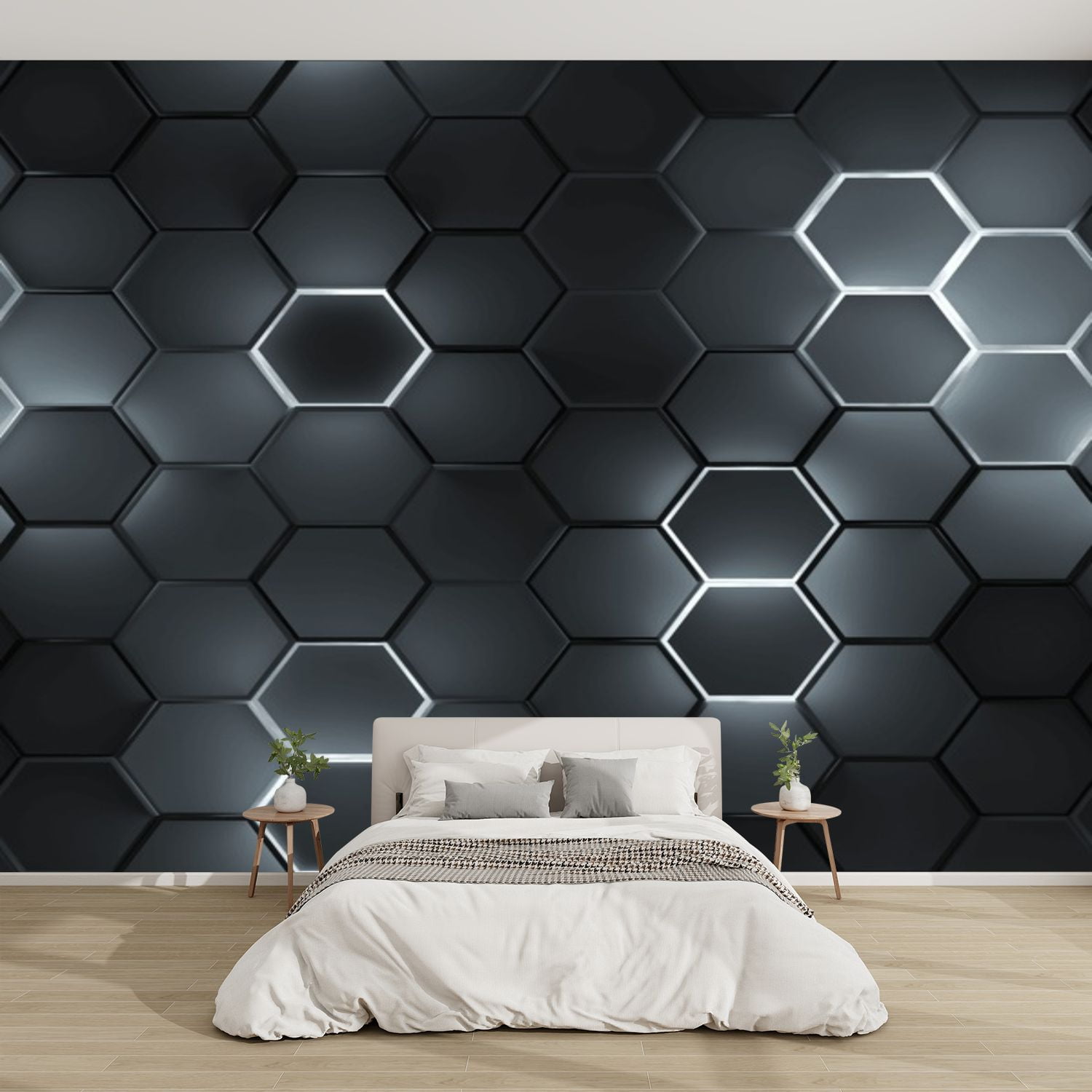 Modern Wallpaper Murals 3D Seamless pattern glowing hexagons Computer ...