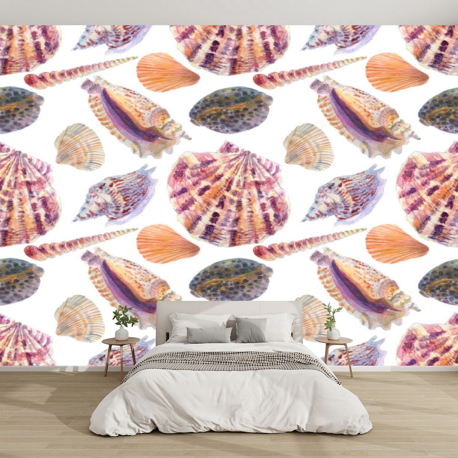 Modern Wallpaper Murals 3D Seashells watercolor pattern Peel and Stick ...