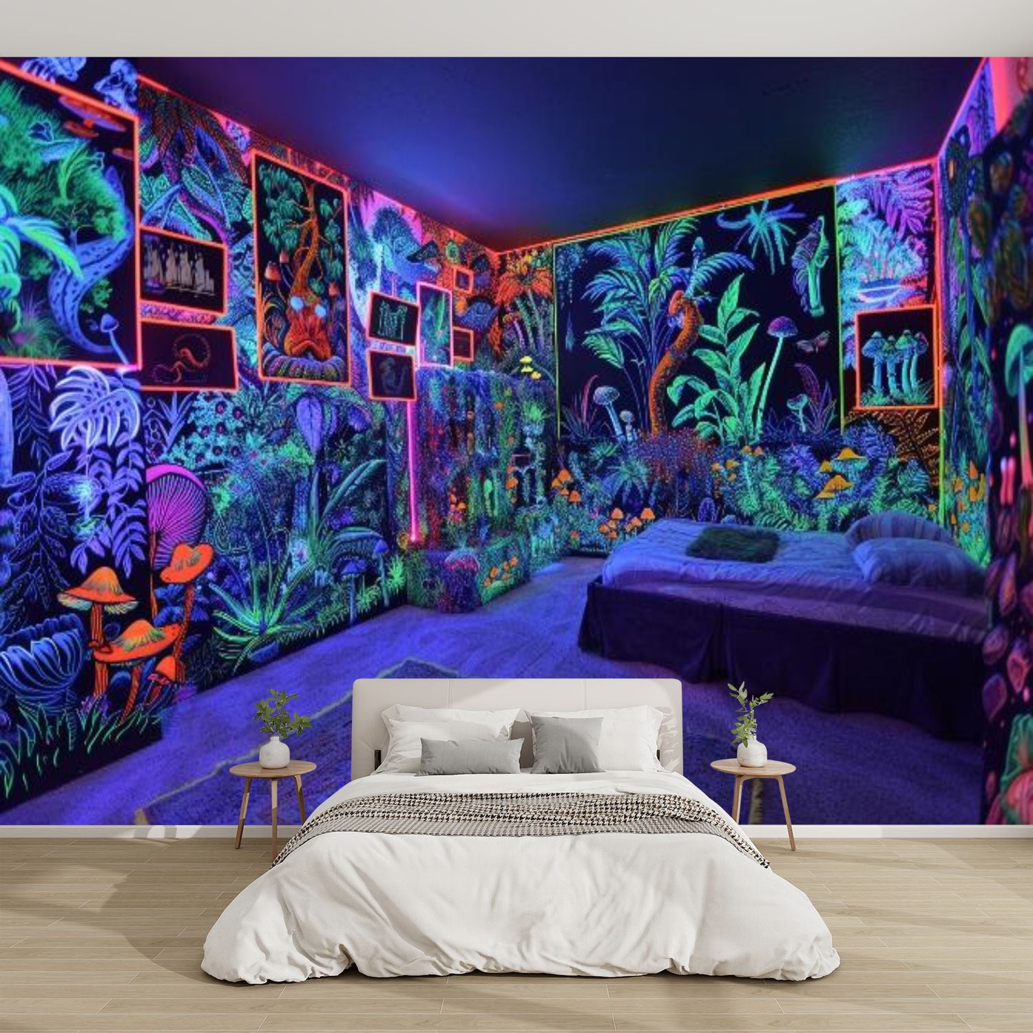 Modern Wallpaper Murals 3D Secret Fluorescent Neon Mushroom Accents ...