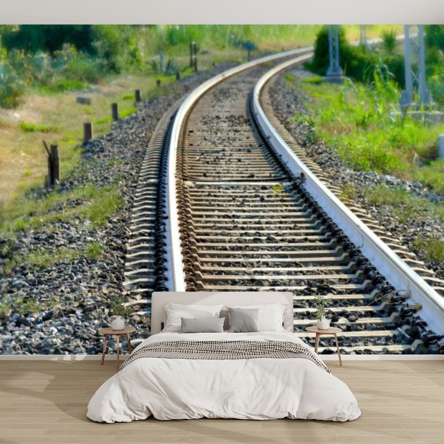 Modern Wallpaper Murals 3D Selective focus closeup railroad tracks Peel ...