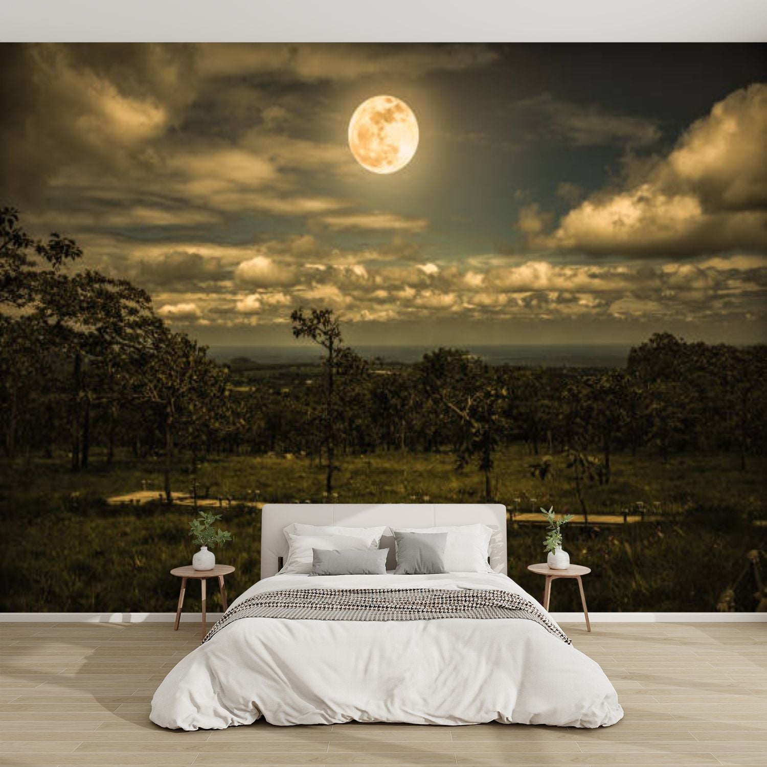 Modern Wallpaper Murals 3D Silhouettes trees sky full moon Vintage tone ...