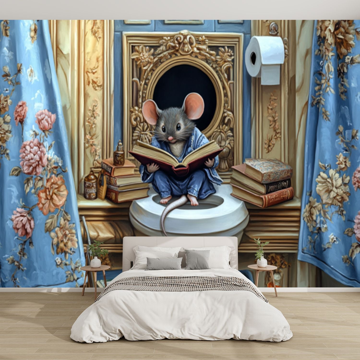 Modern Wallpaper Murals 3D Sitting Toilet Hole Reading Bathroom Setting ...