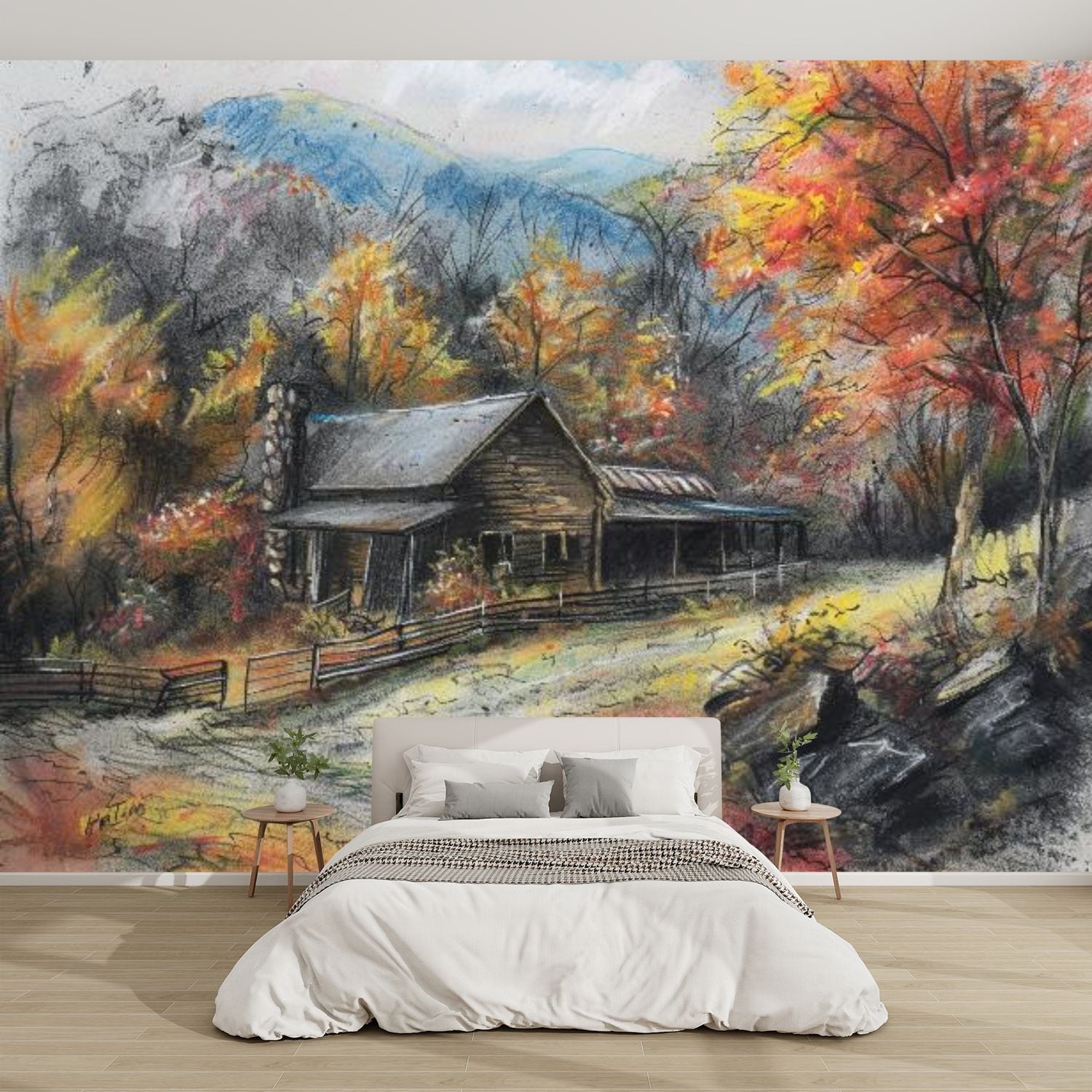 Modern Wallpaper Murals 3D Sketch Fall Color Highlights Mountain Scene ...