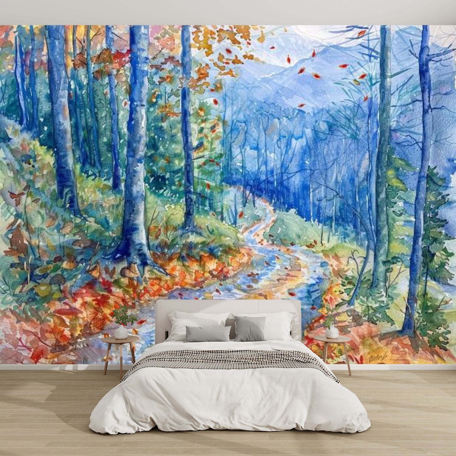 Modern Wallpaper Murals 3D Smoky Mountains Watercolor Winding Trail ...