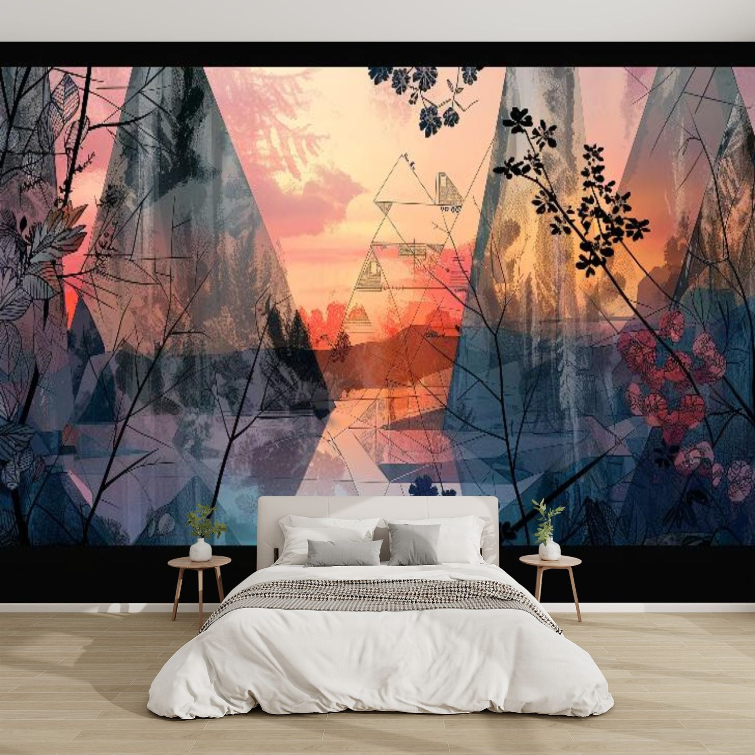 Modern Wallpaper Murals 3D Softened Geometry Dusk Floral Overlay ...