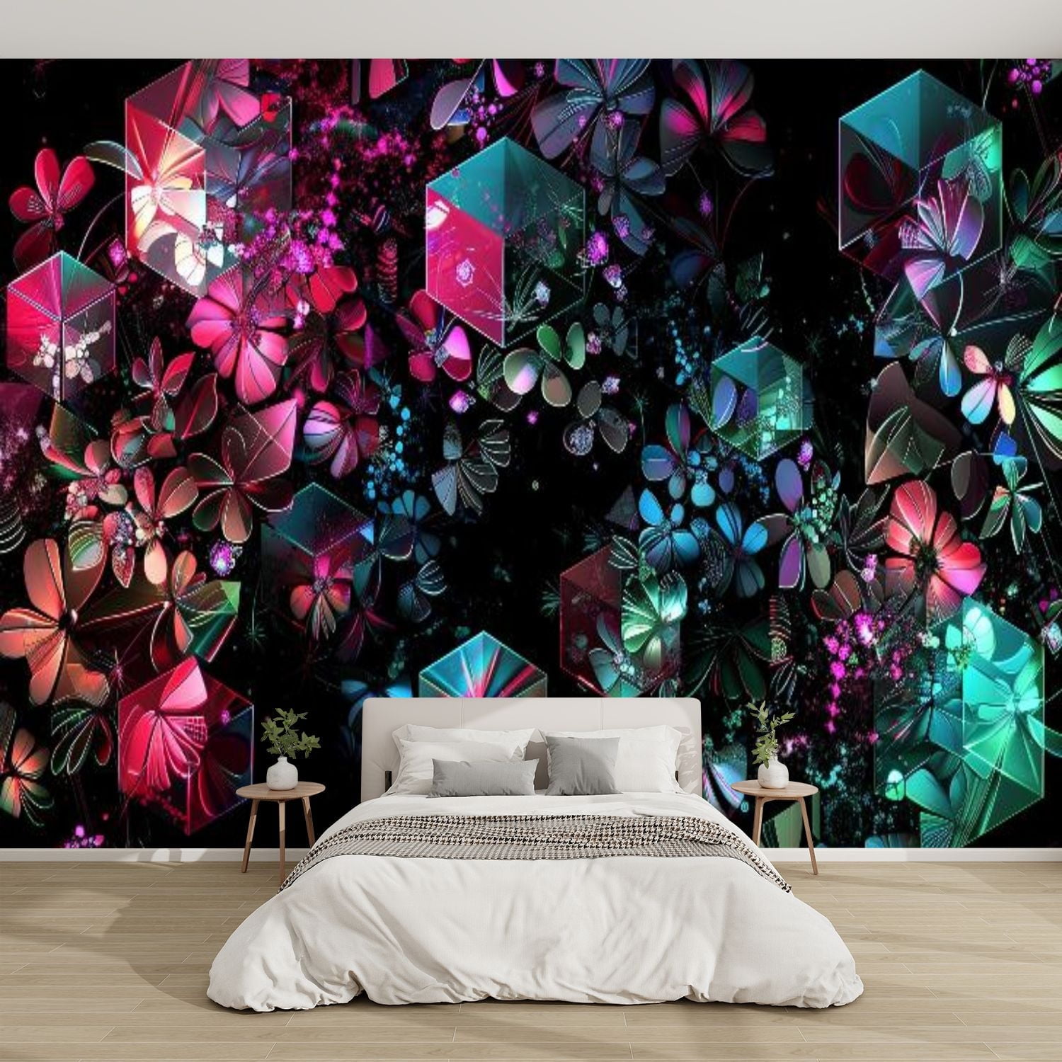 Modern Wallpaper Murals 3D Space Black Backdrop Magenta Emerald Art ...