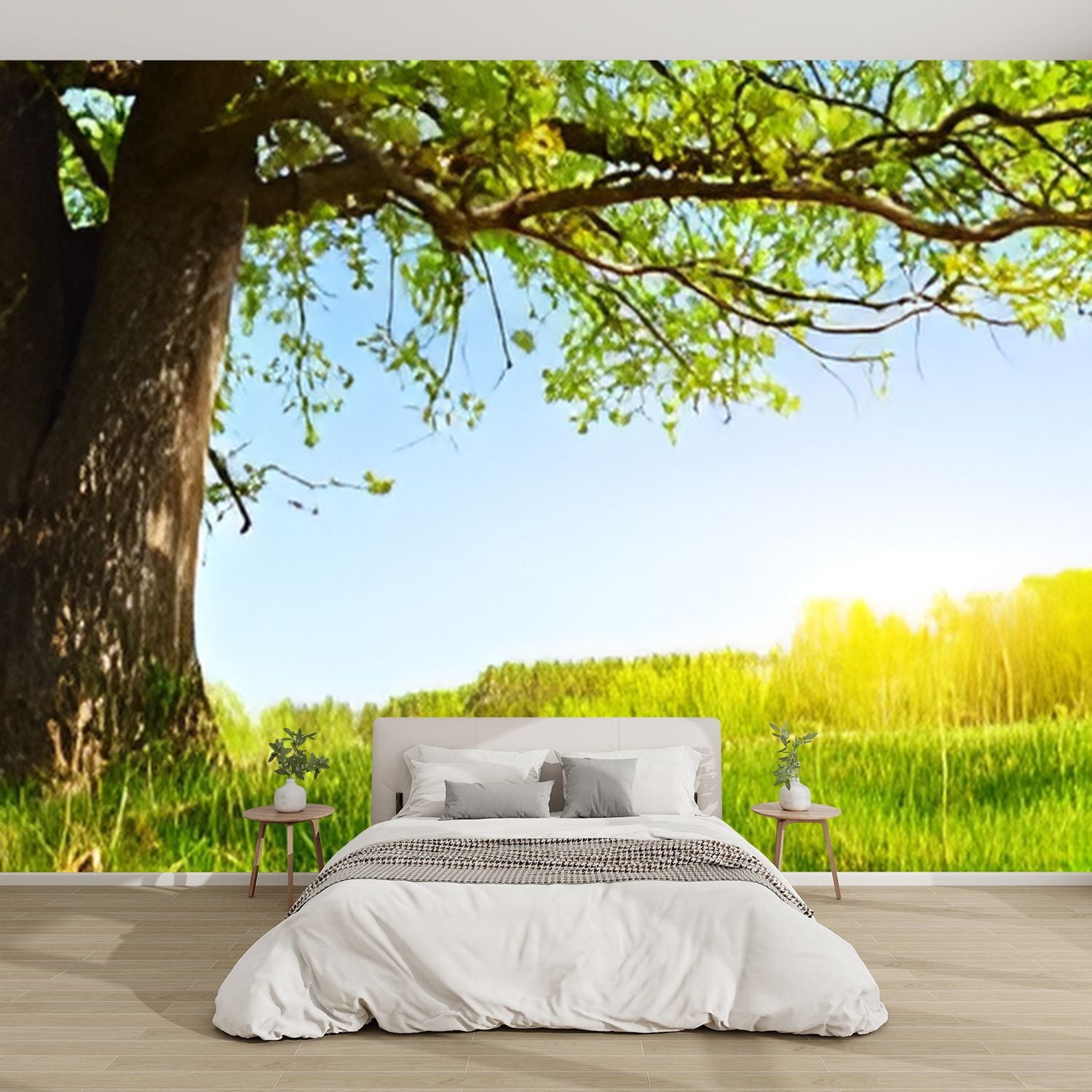 Modern Wallpaper Murals 3D Spring meadow big tree fresh green leaves ...