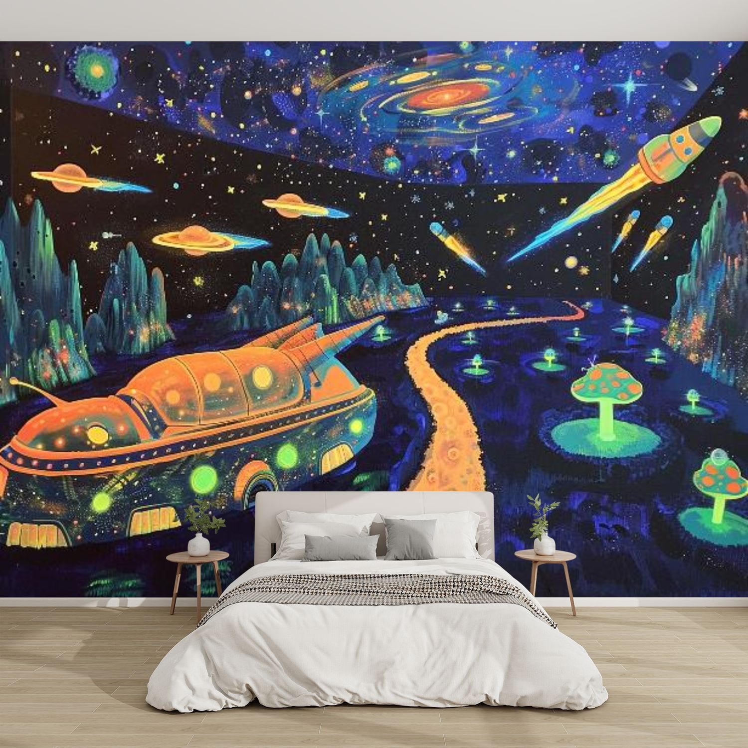Modern Wallpaper Murals 3D Star Projector Moon Carpet Themed Boy s Room ...