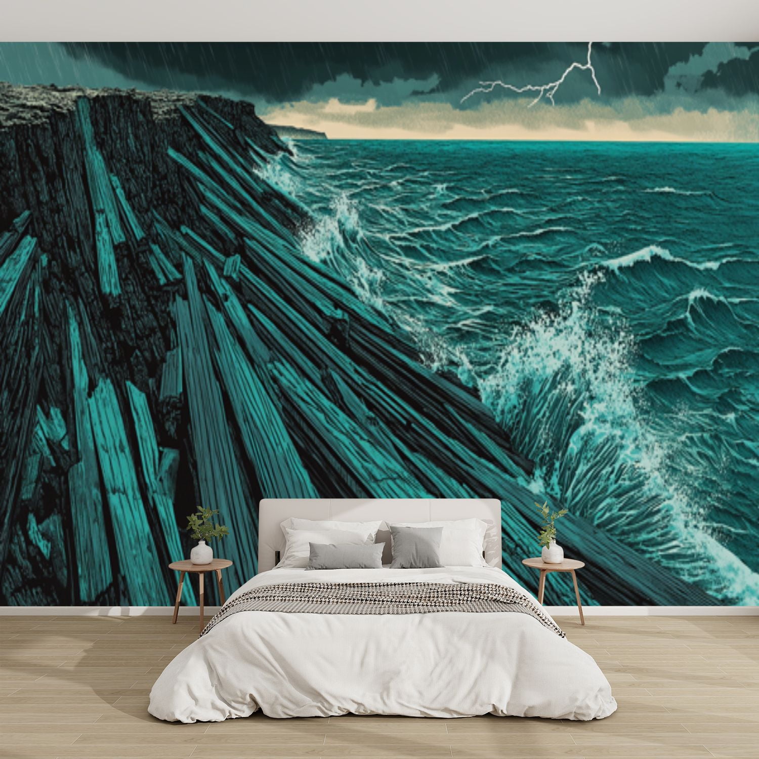 Modern Wallpaper Murals 3D Stormy Coastal Seascape Teal Waves Peel and ...