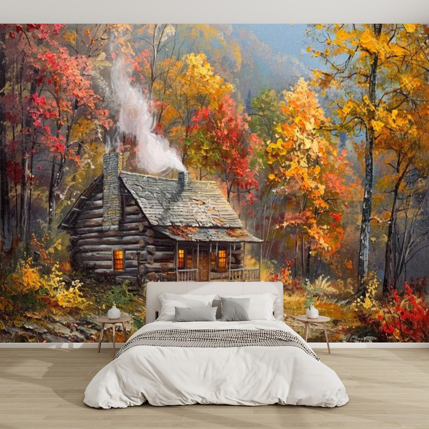Modern Wallpaper Murals 3D Style Autumn Cabin Art Print Peel and Stick ...