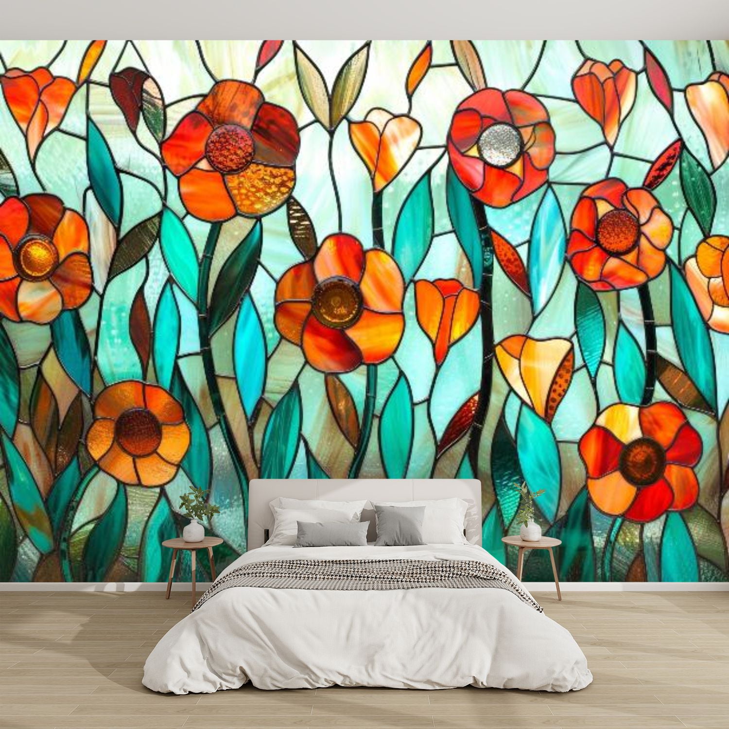 Modern Wallpaper Murals 3D Sunlit Flower Field Mural Stained Glass Teal ...