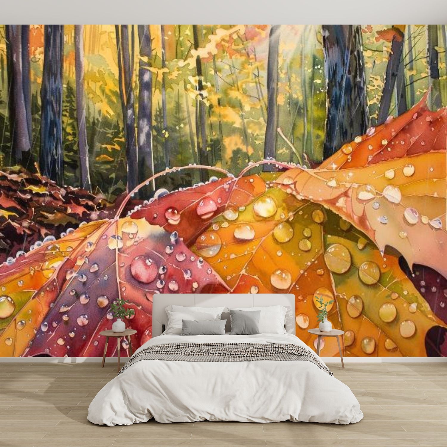 Modern Wallpaper Murals 3D Sunlit Shimmer Raindrops Watercolor Fall ...