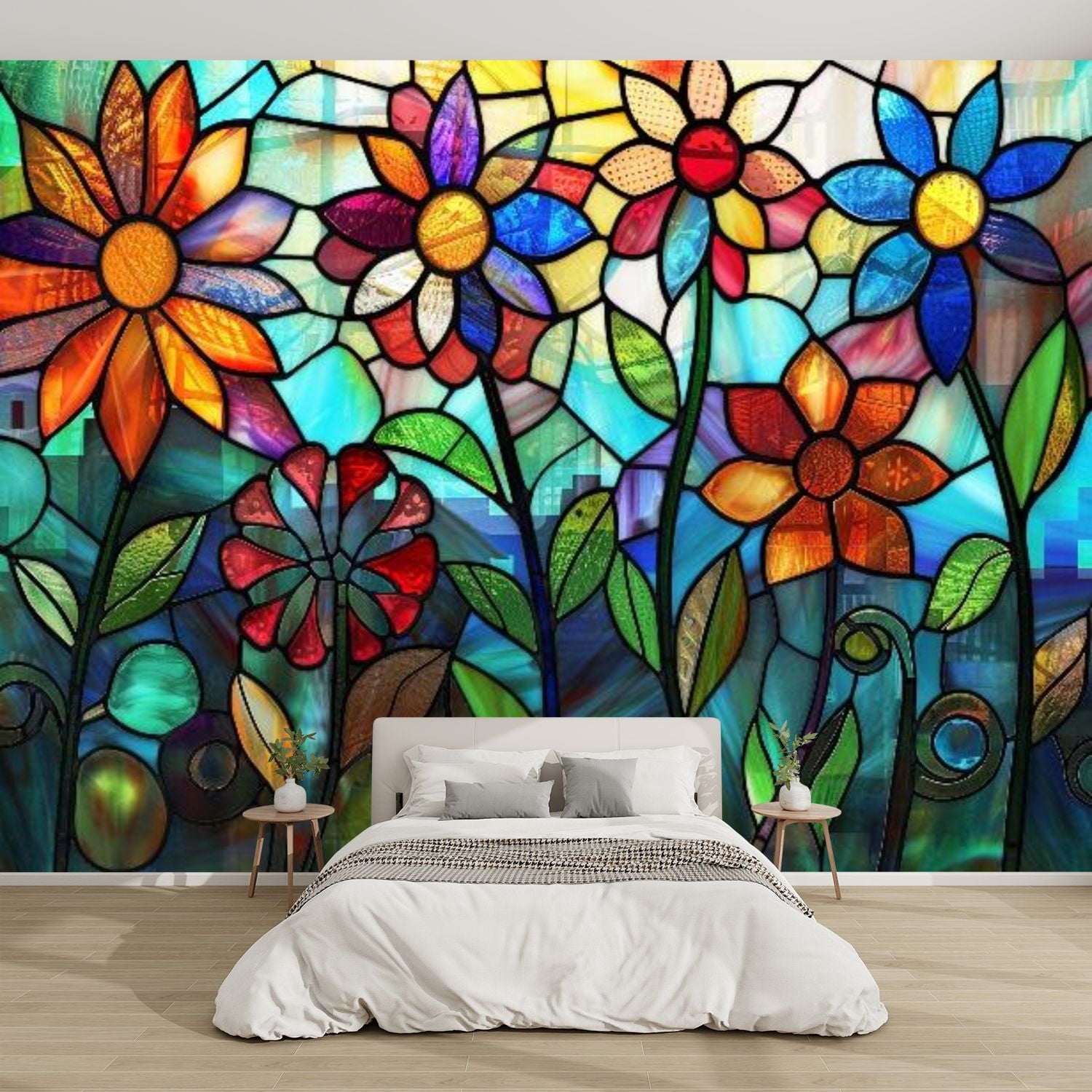Modern Wallpaper Murals 3D Sunrise Garden Stained Glass Window Abstract ...