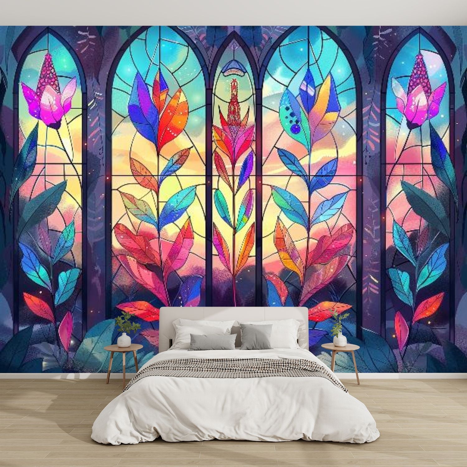 Modern Wallpaper Murals 3D Sunset Botanical Stained Glass Window Peel ...