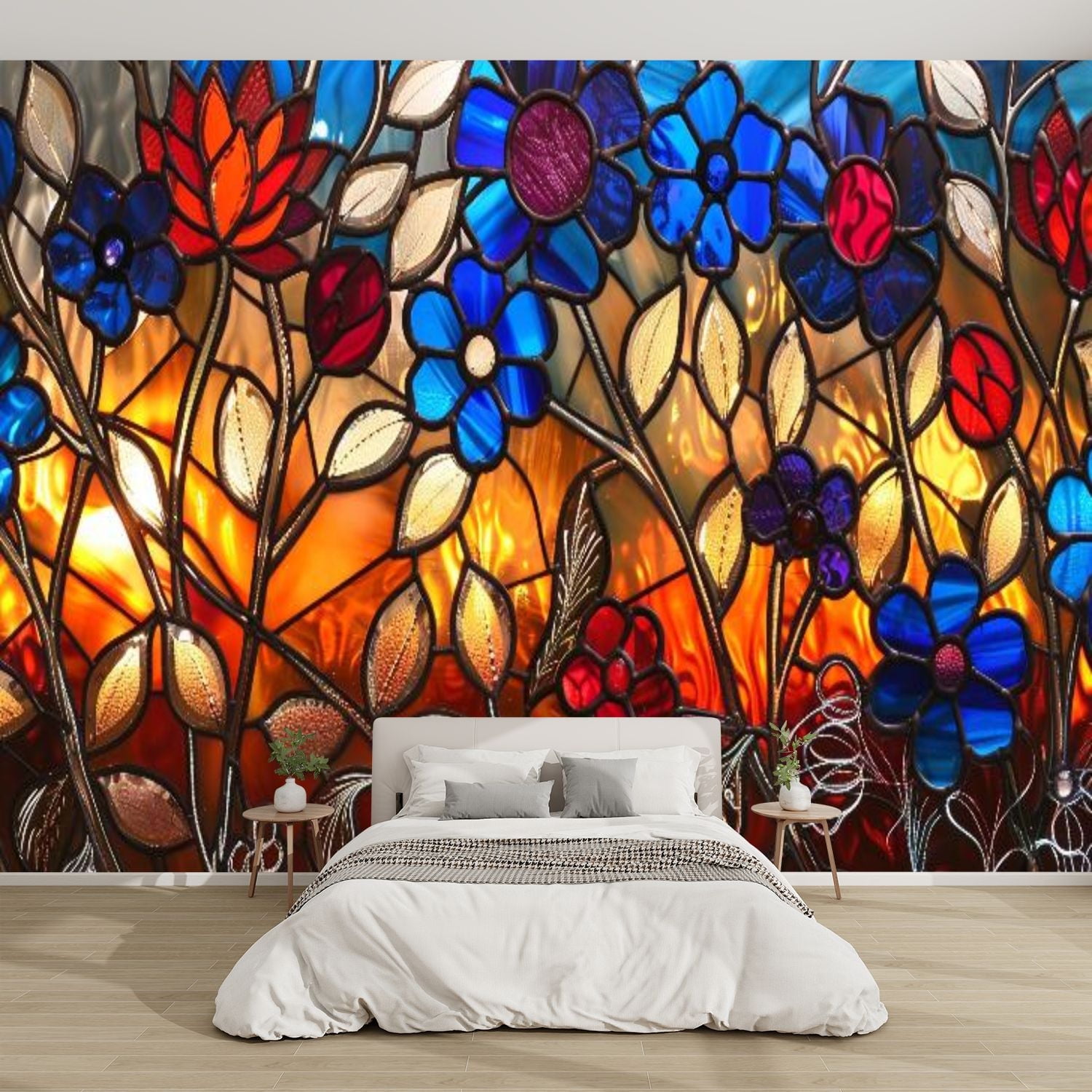 Modern Wallpaper Murals 3D Sunset Stained Glass Floral Art Peel and ...