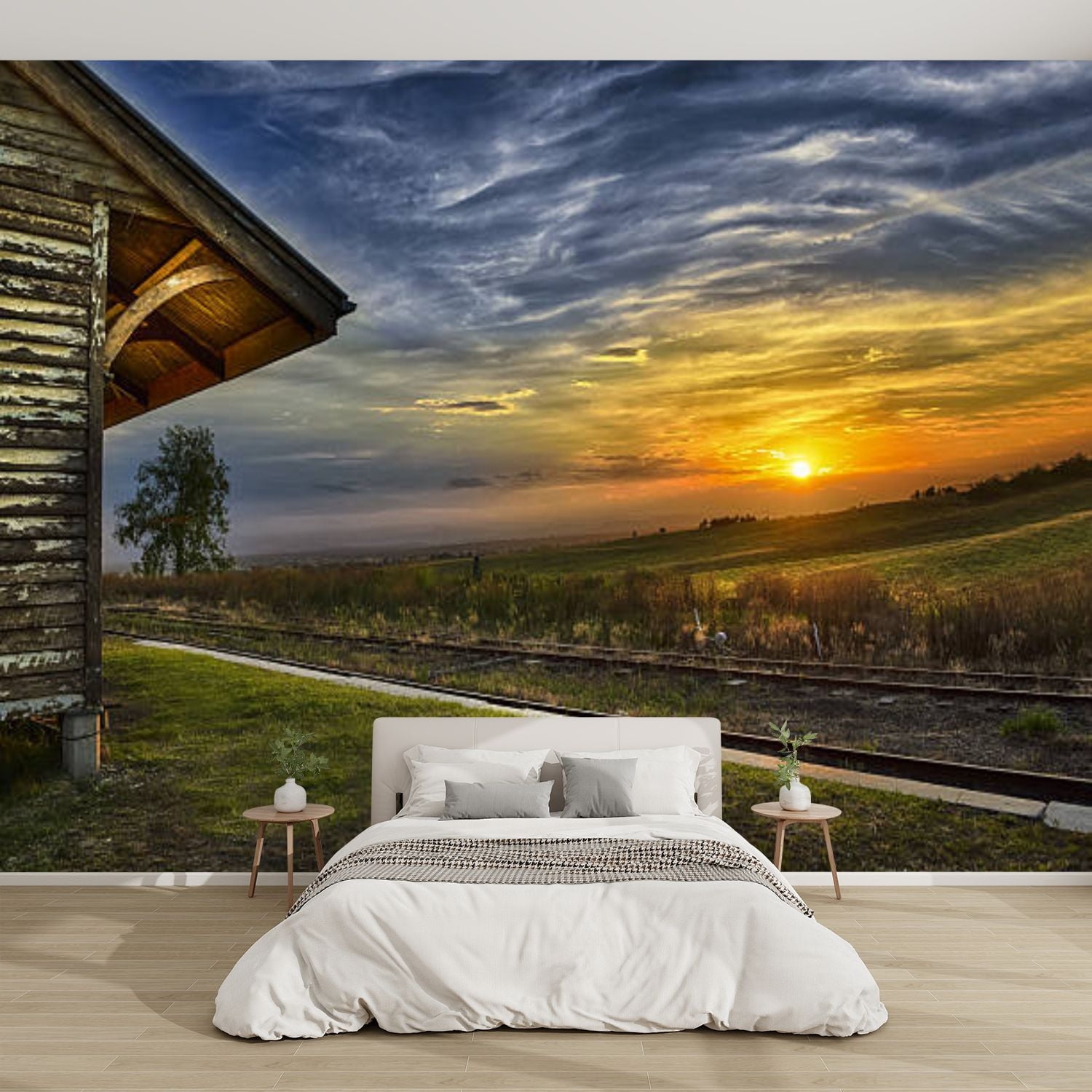 Modern Wallpaper Murals 3D Sunset train tracks Peel and Stick Removable ...