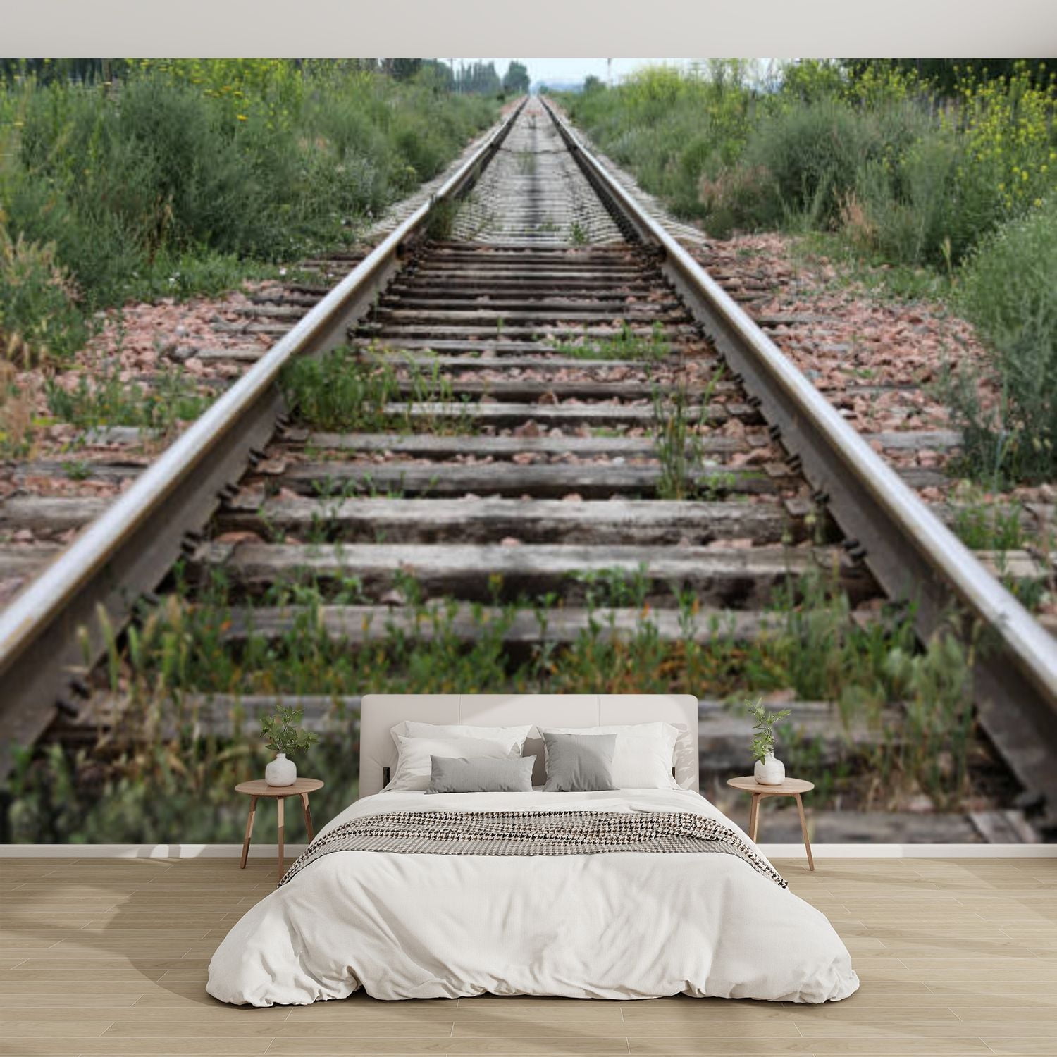 Modern Wallpaper Murals 3D Train tracks among green plants Peel and ...