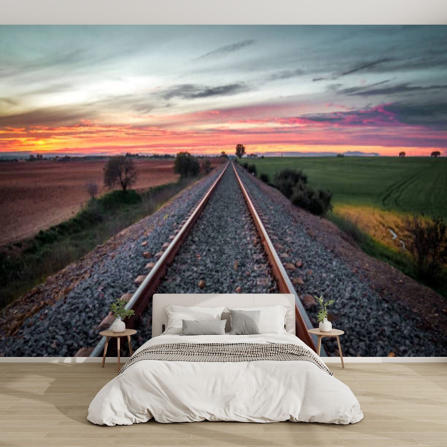 Modern Wallpaper Murals 3D Train tracks sunset Peel and Stick Removable ...