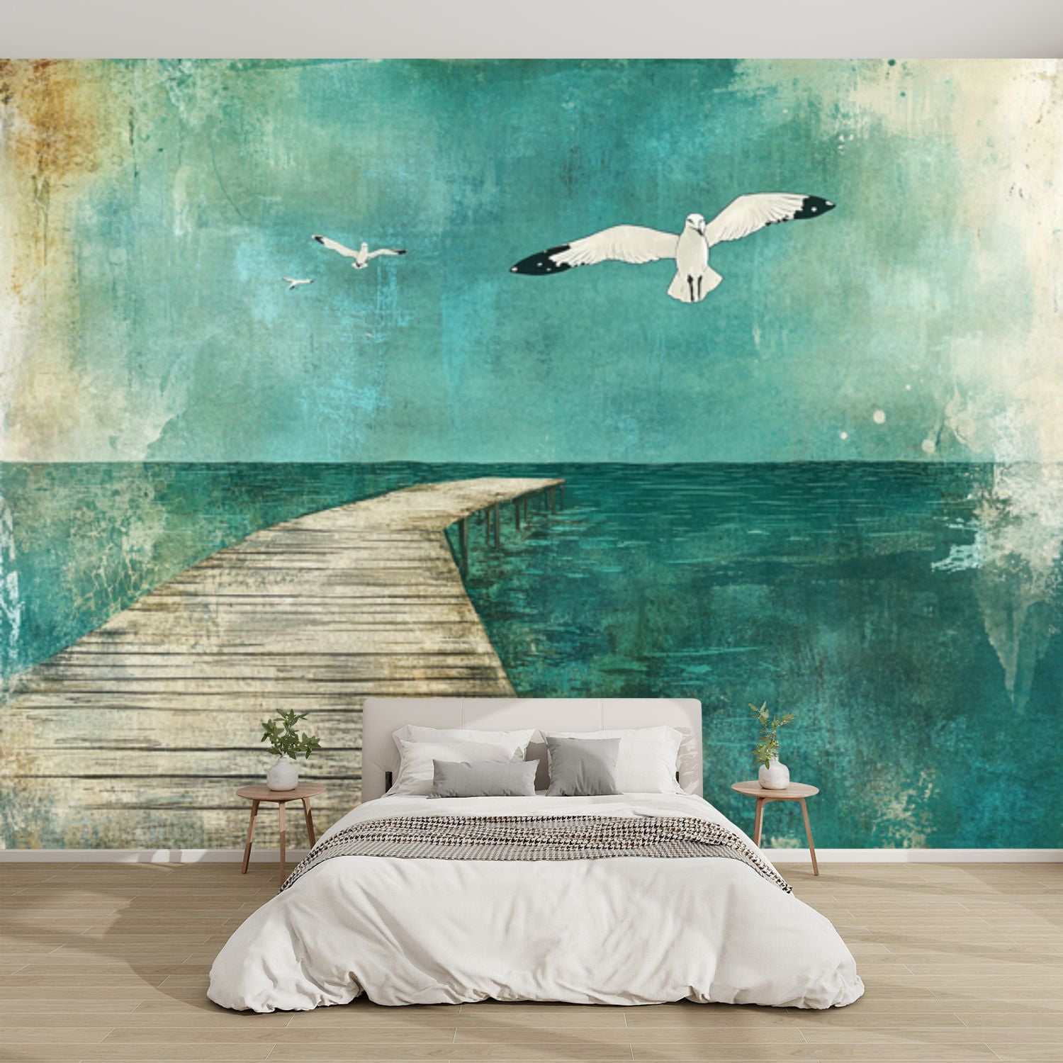 Modern Wallpaper Murals 3D Tranquil Beach Wooden Boardwalk Soaring ...