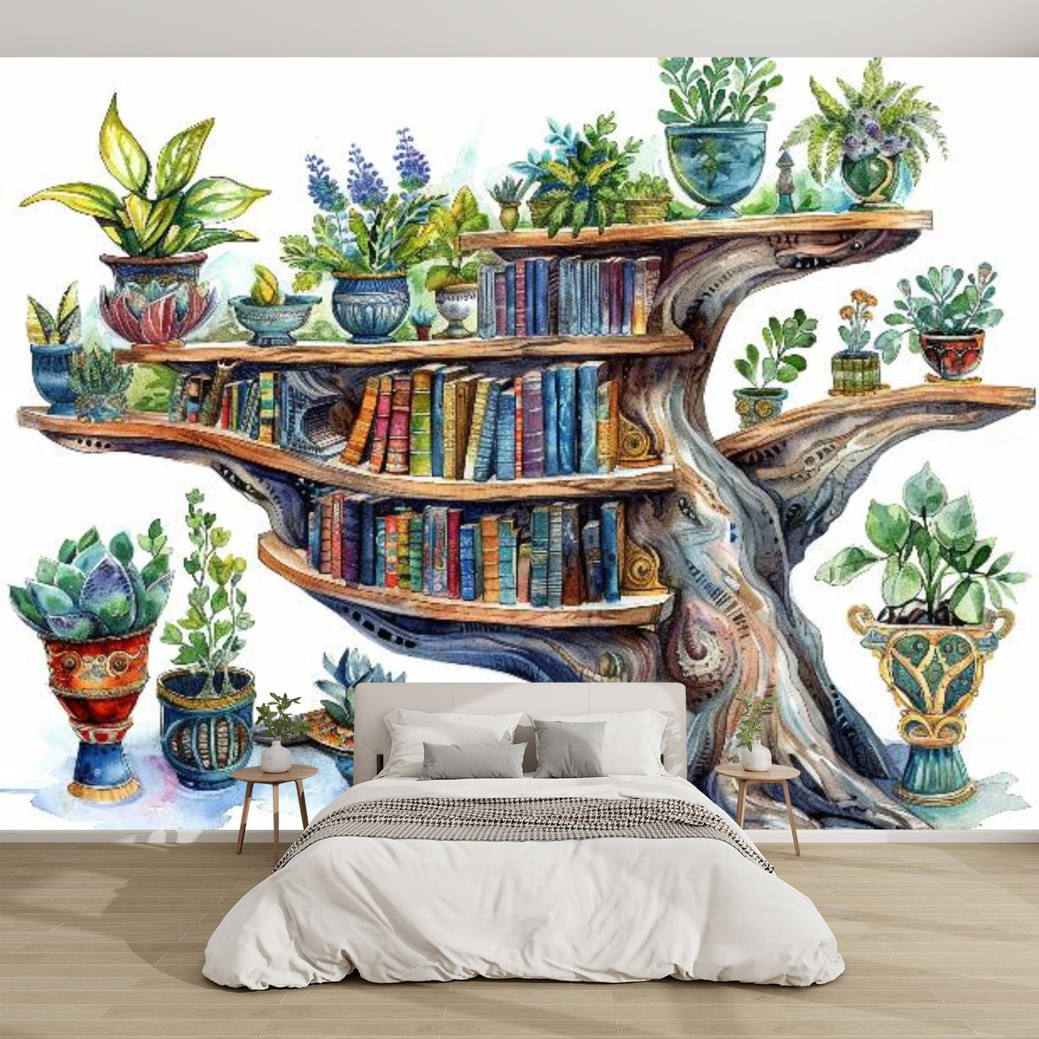 Modern Wallpaper Murals 3D Tree Bookshelf Art Library Watercolor Peel ...