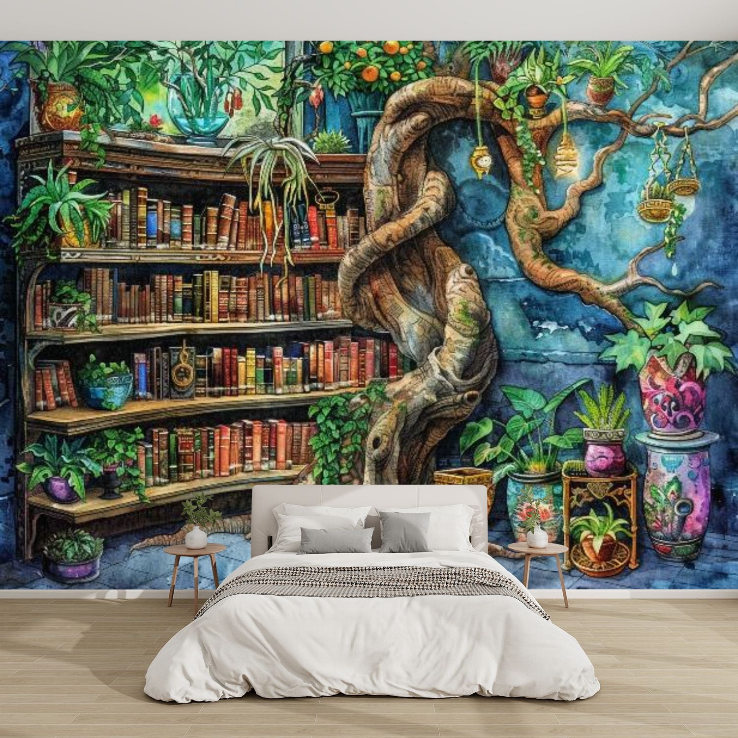 Modern Wallpaper Murals 3D Tree Library Colorful Watercolor Artwork ...