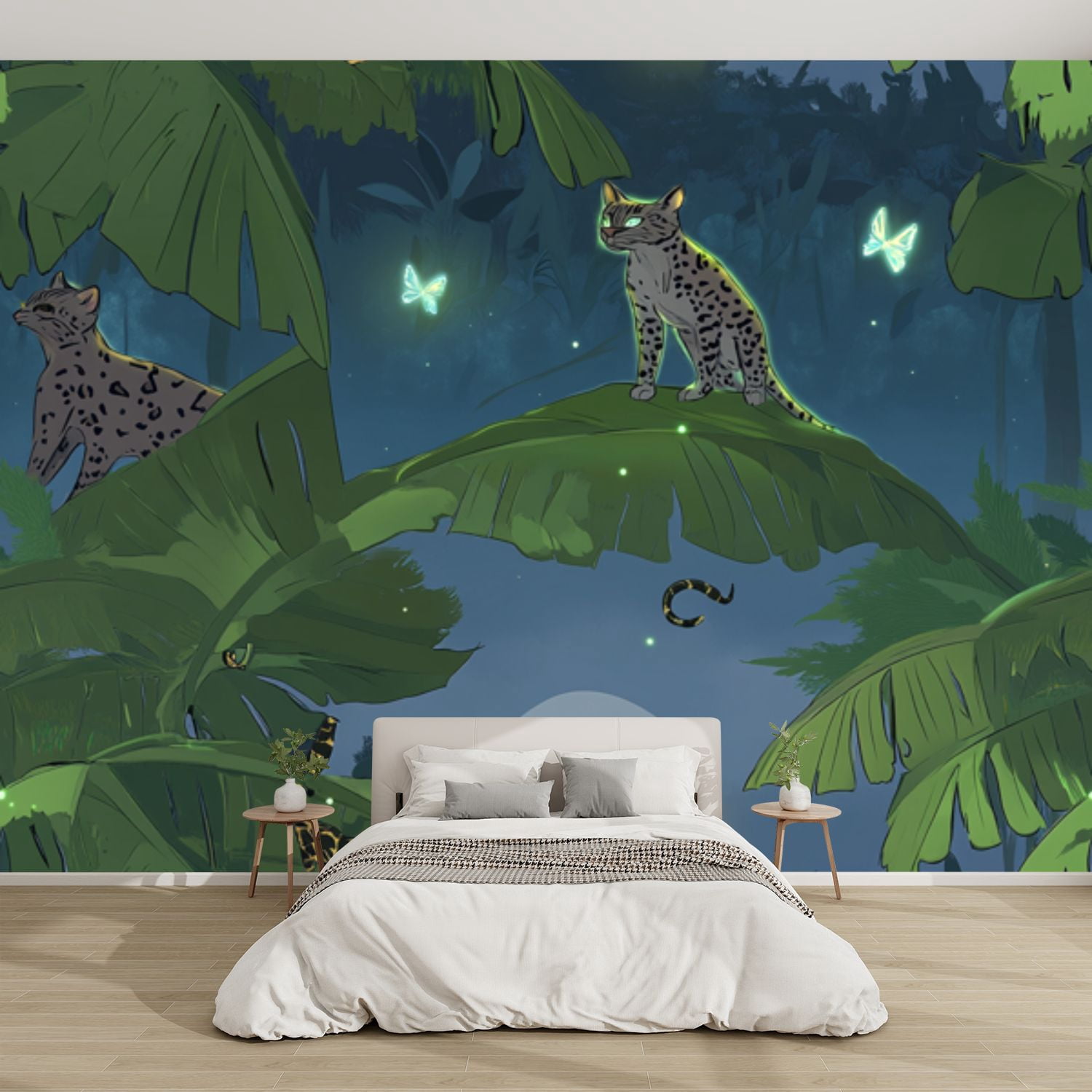 Modern Wallpaper Murals 3D Tropical Jungle Ocelots Fireflies Peel and ...