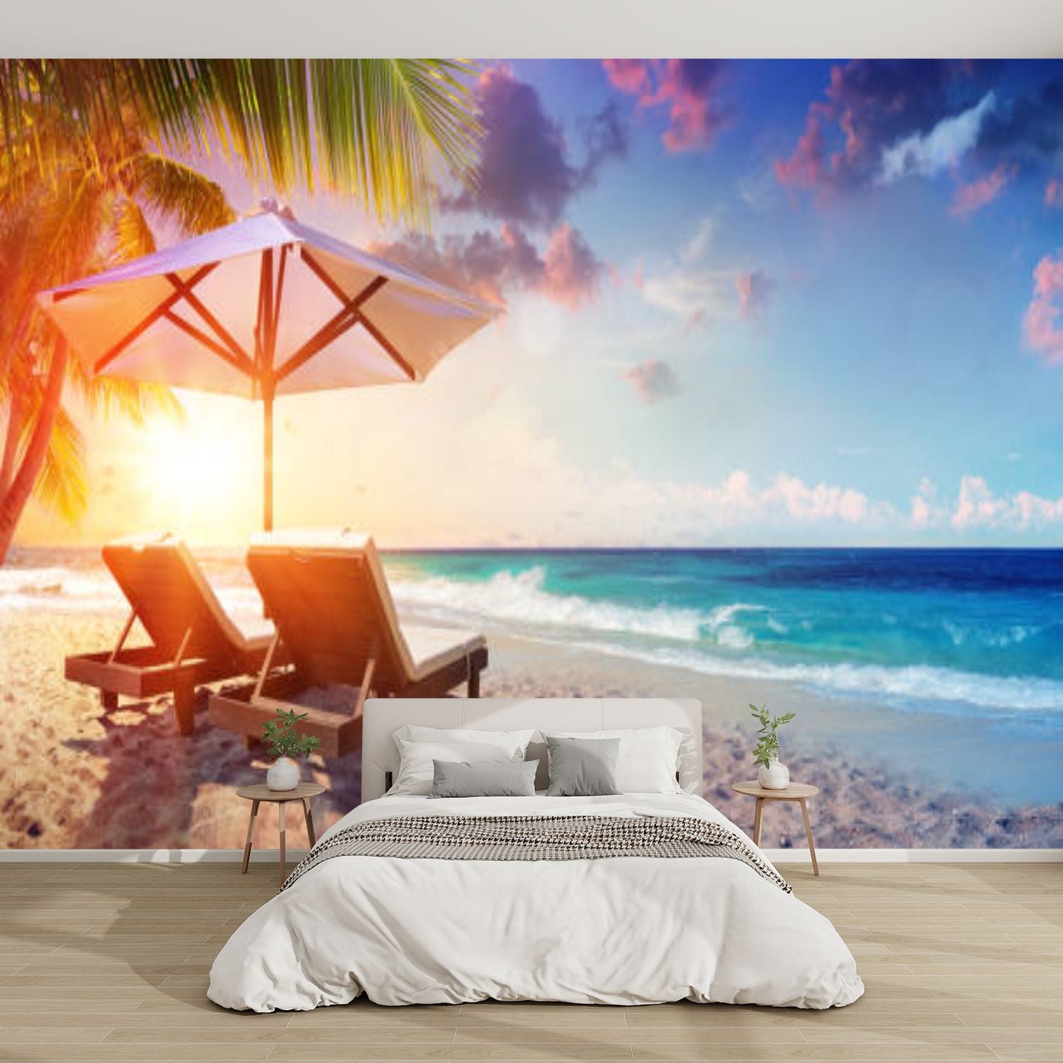 Modern Wallpaper Murals 3D Two Deckchairs Under Parasol In Tropical ...